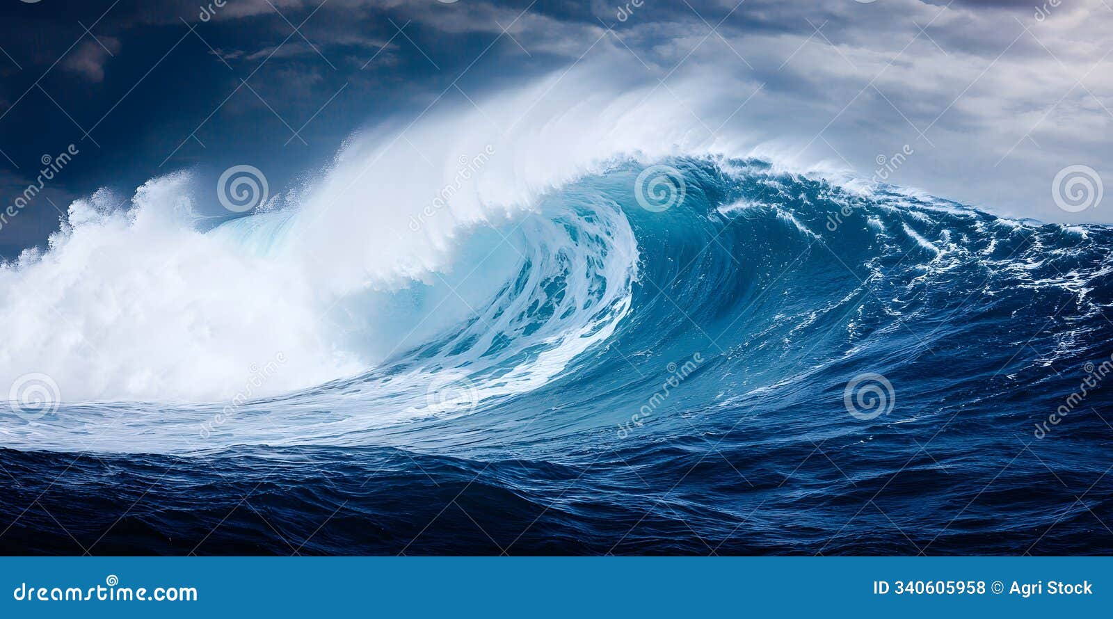 A Towering Wave Breaks Under a Cloudy Sky Stock Illustration ...