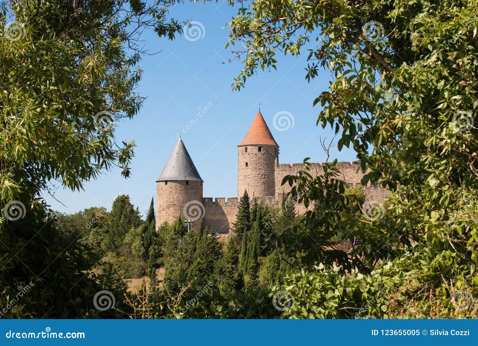 Towers of Carcassonne Citadel Framed by Trees. Stock Image - Image of ...