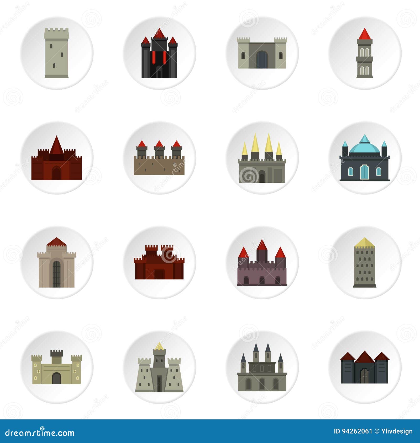 Towers and Castles Icons Set in Flat Style Stock Vector - Illustration ...