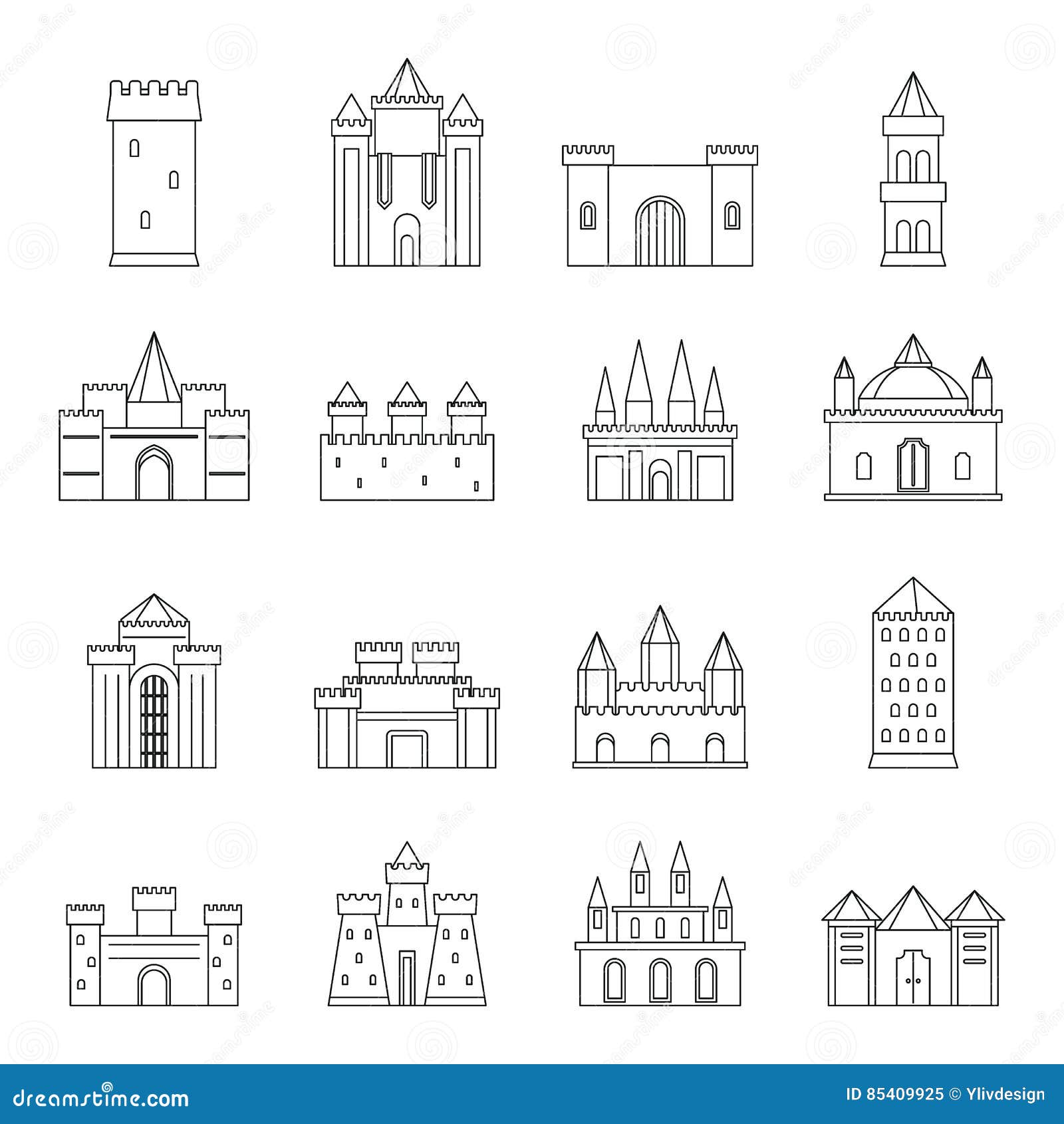 Towers and Castles Icons Set, Outline Style Stock Vector - Illustration ...