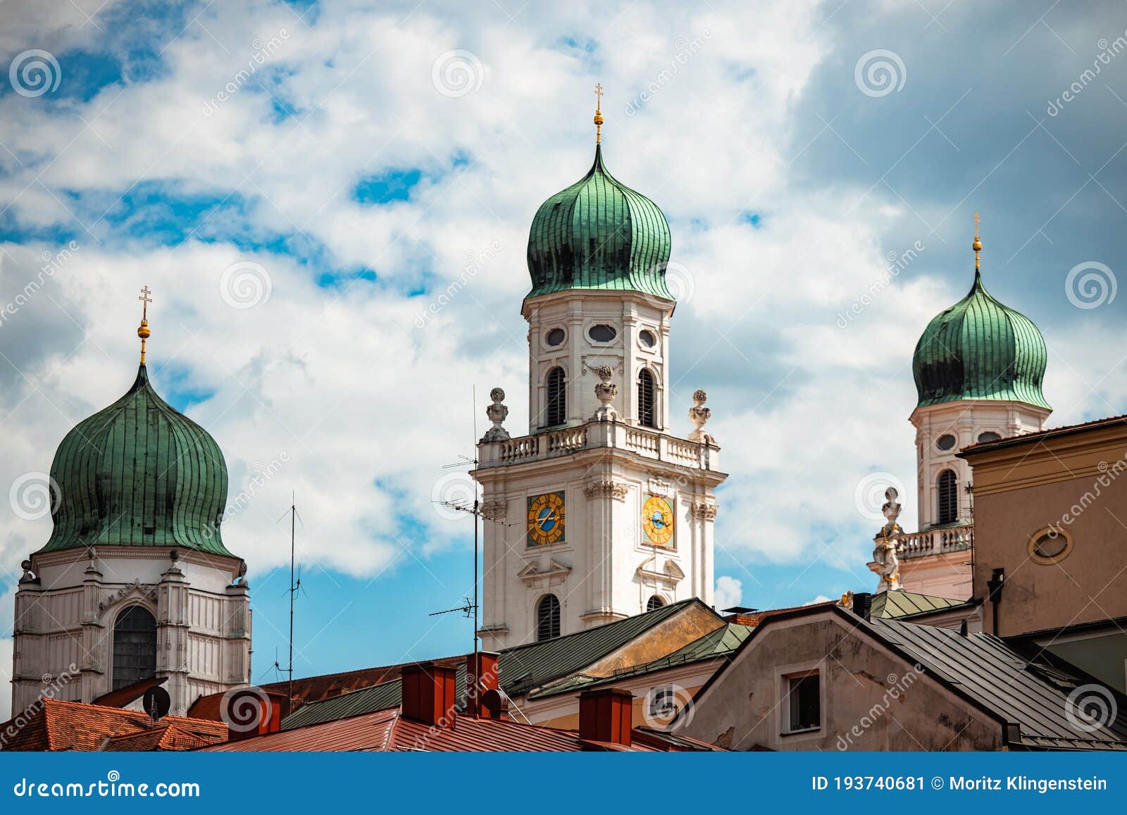 Towers of the Catholic, Gothic Saint Stephen`s Cathedral in Passau ...