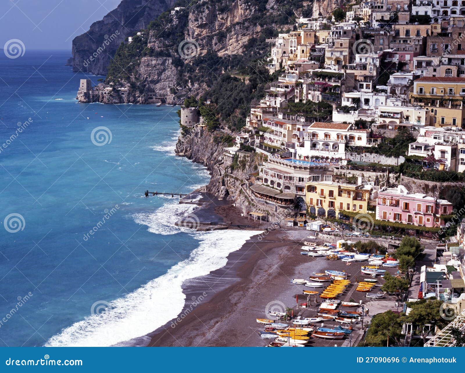 Town and Beach, Positano, Italy. Stock Photo - Image of resort, tourism ...