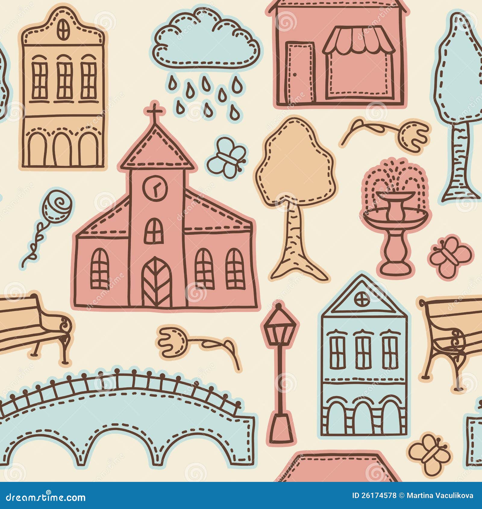 Town or City Design Elements on Seamless Pattern Stock Vector ...