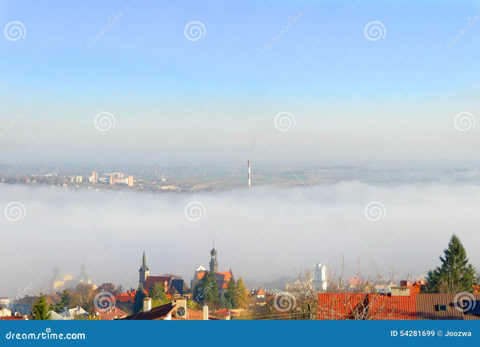 Town in the fog stock image. Image of clouds, morning - 54281699