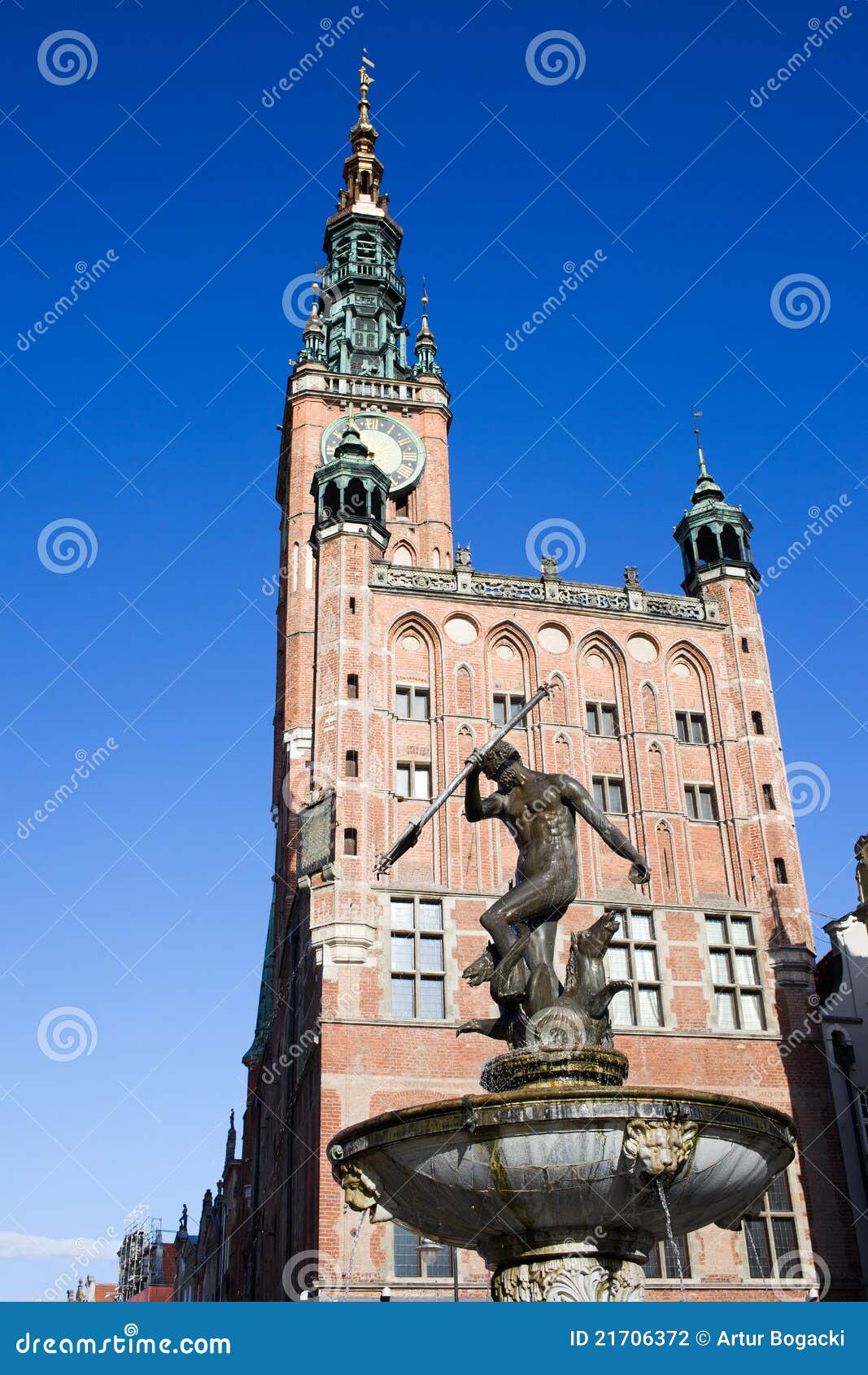Town Hall and Neptune Statue in Gdansk Stock Photo - Image of mythology ...