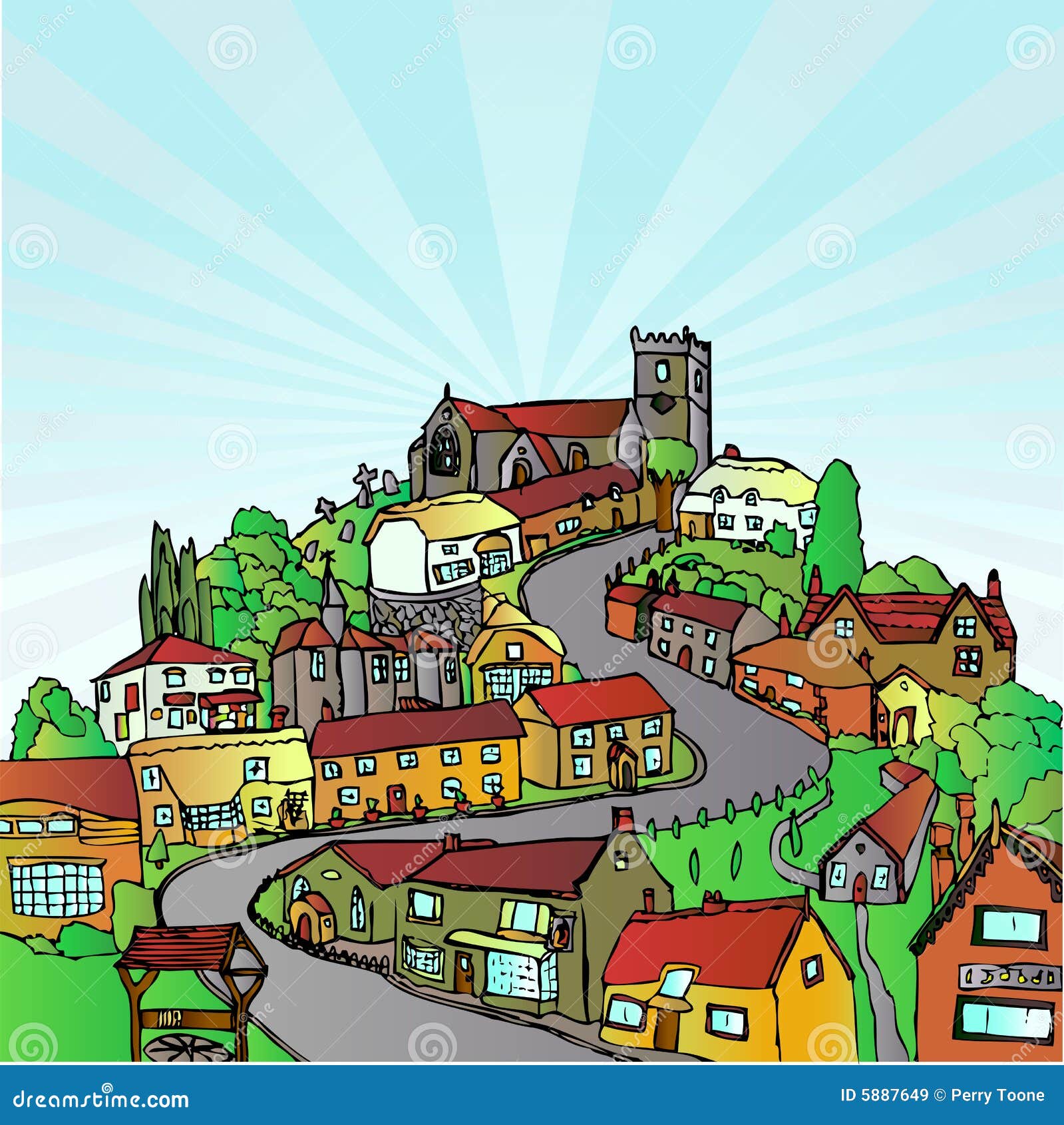 Town on the hill stock vector. Illustration of architecture - 5887649