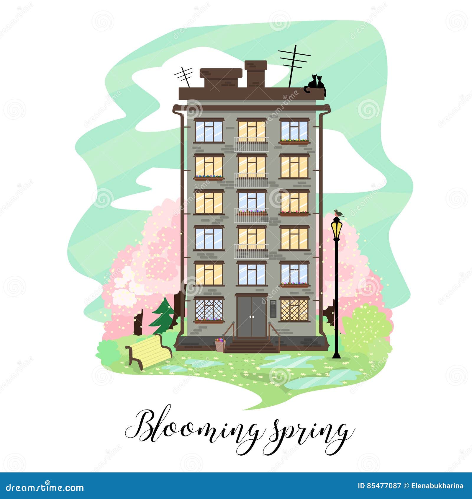 Town House in the Vector. Illustration. Blooming Spring. Stock Vector ...