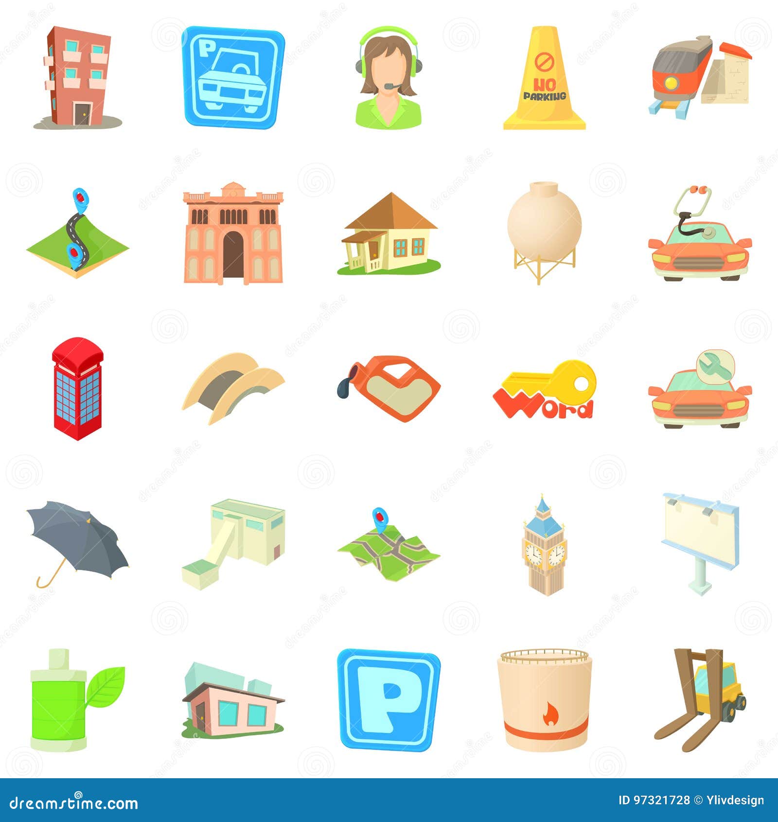 Town Icons Set, Cartoon Style Stock Vector - Illustration of auto, road ...