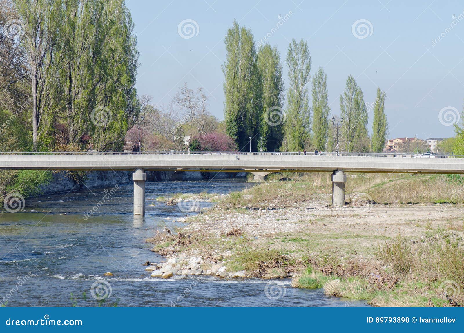 Town River with Pedestrian Bridge Stock Photo - Image of water ...