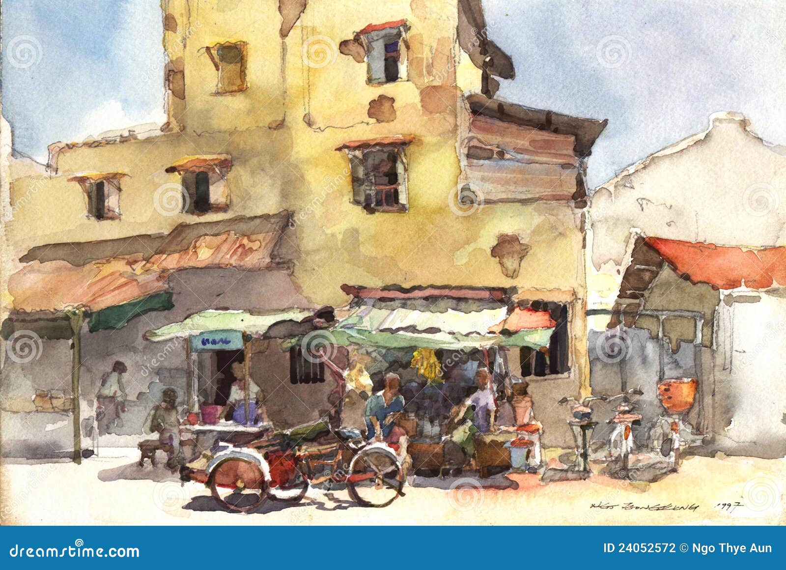 Town Scenery Watercolor Painting Stock Illustration - Illustration of ...