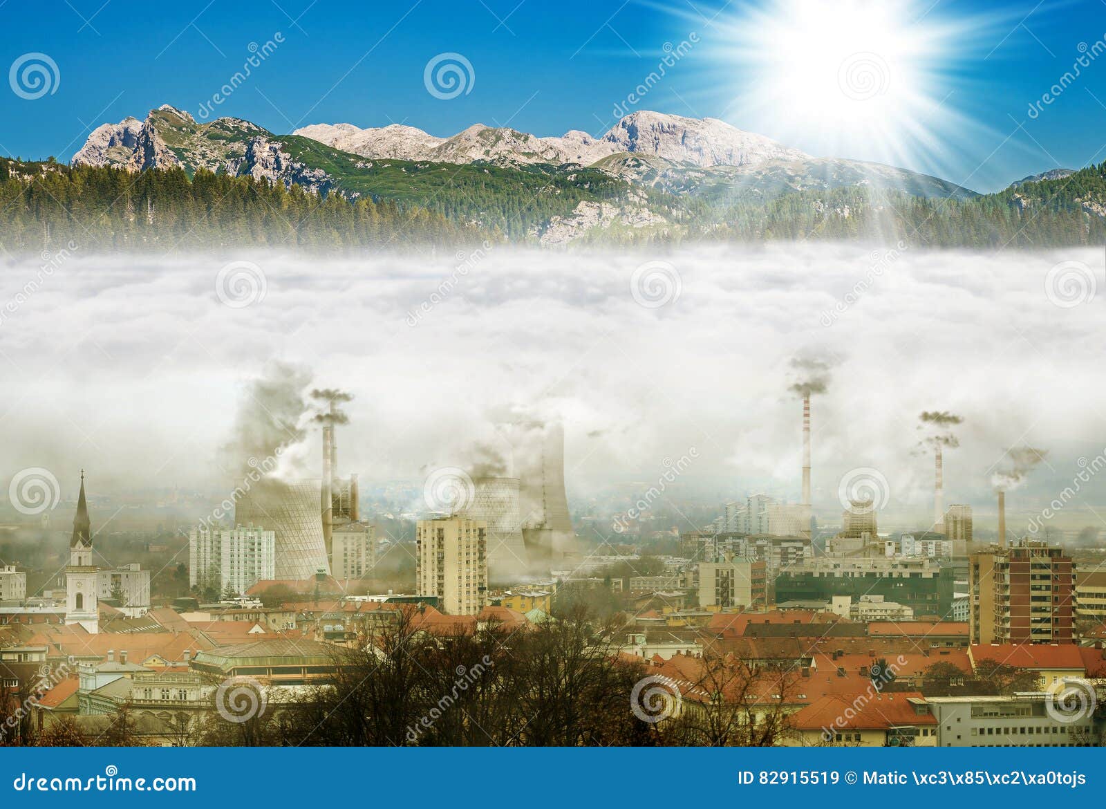 Town in Smog, Mountains with Sun Stock Image - Image of plant, blue ...