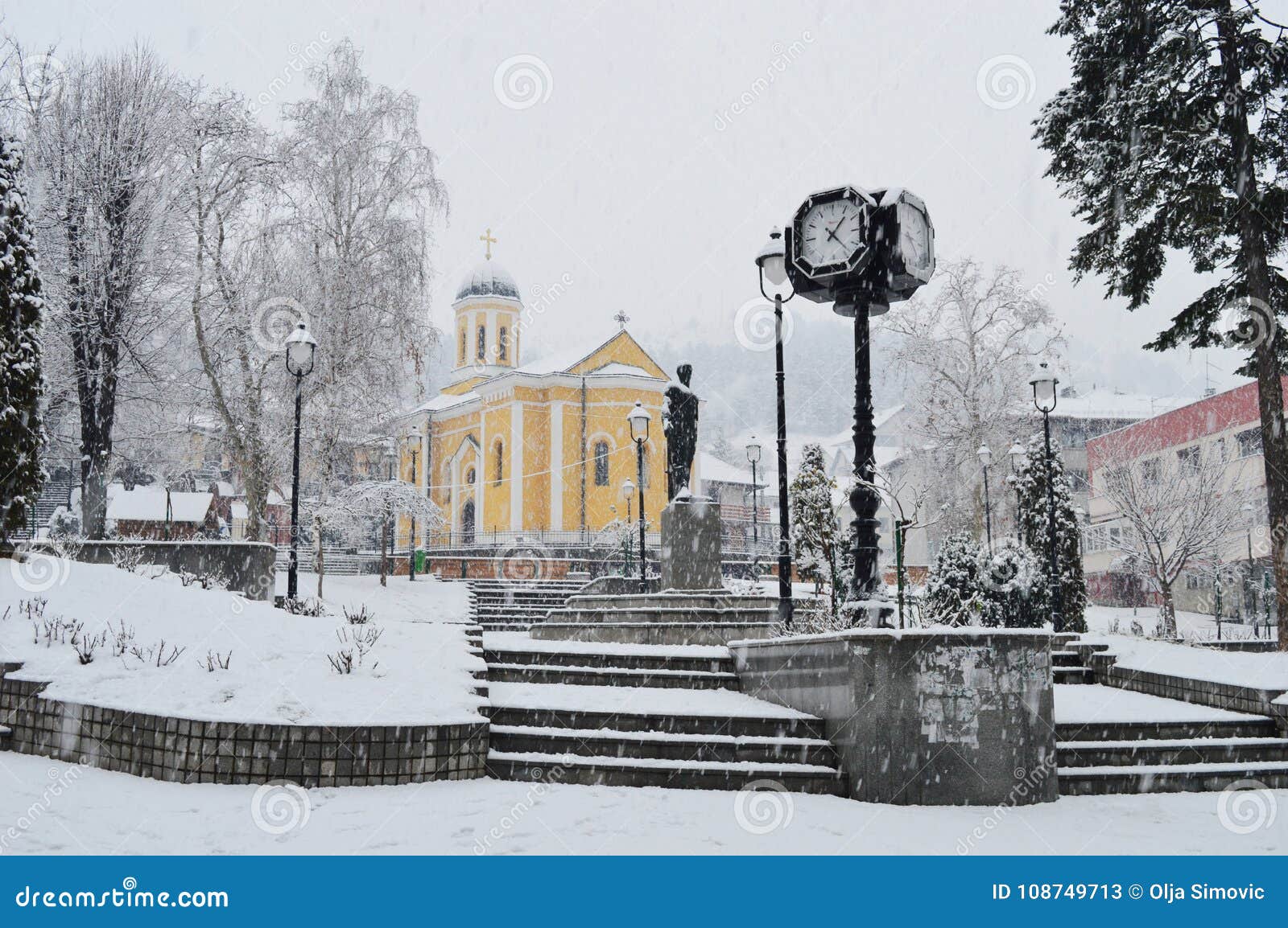Town square in winter stock image. Image of square, church - 108749713