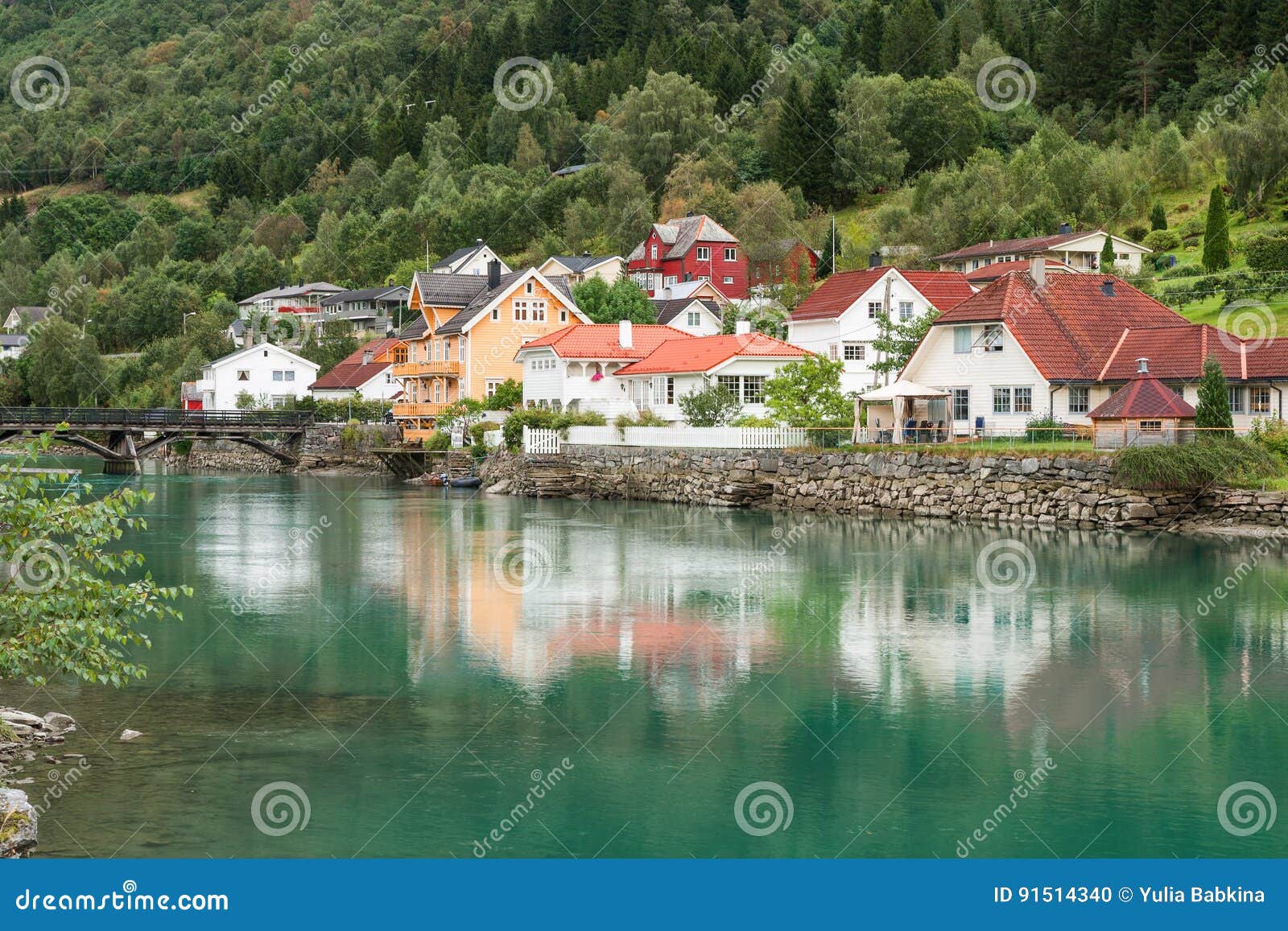 Town Stryn on river bank stock photo. Image of landscape - 91514340