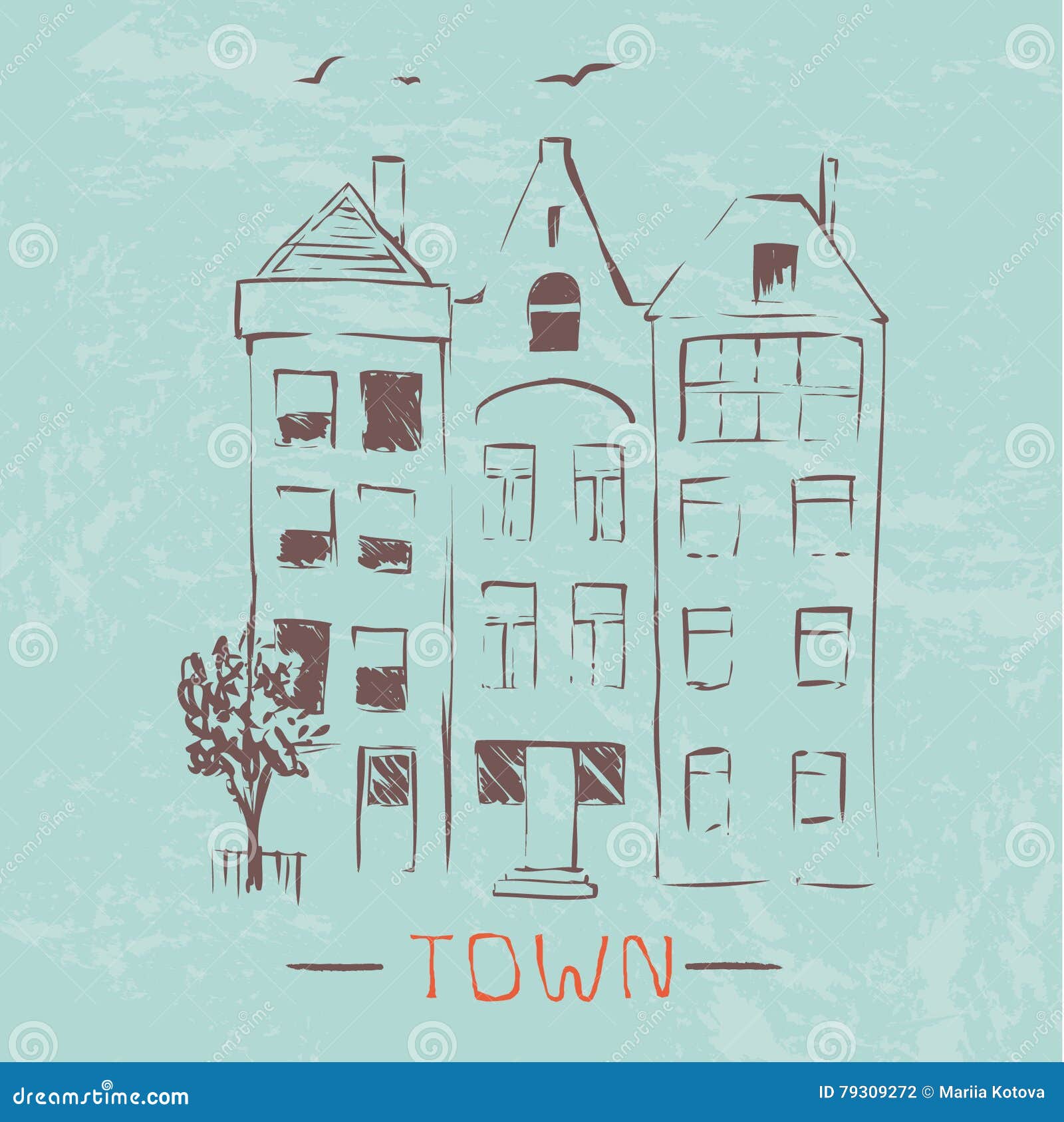 Town. Vector Hand-drawn Sketch. Stock Vector - Illustration of exterior ...