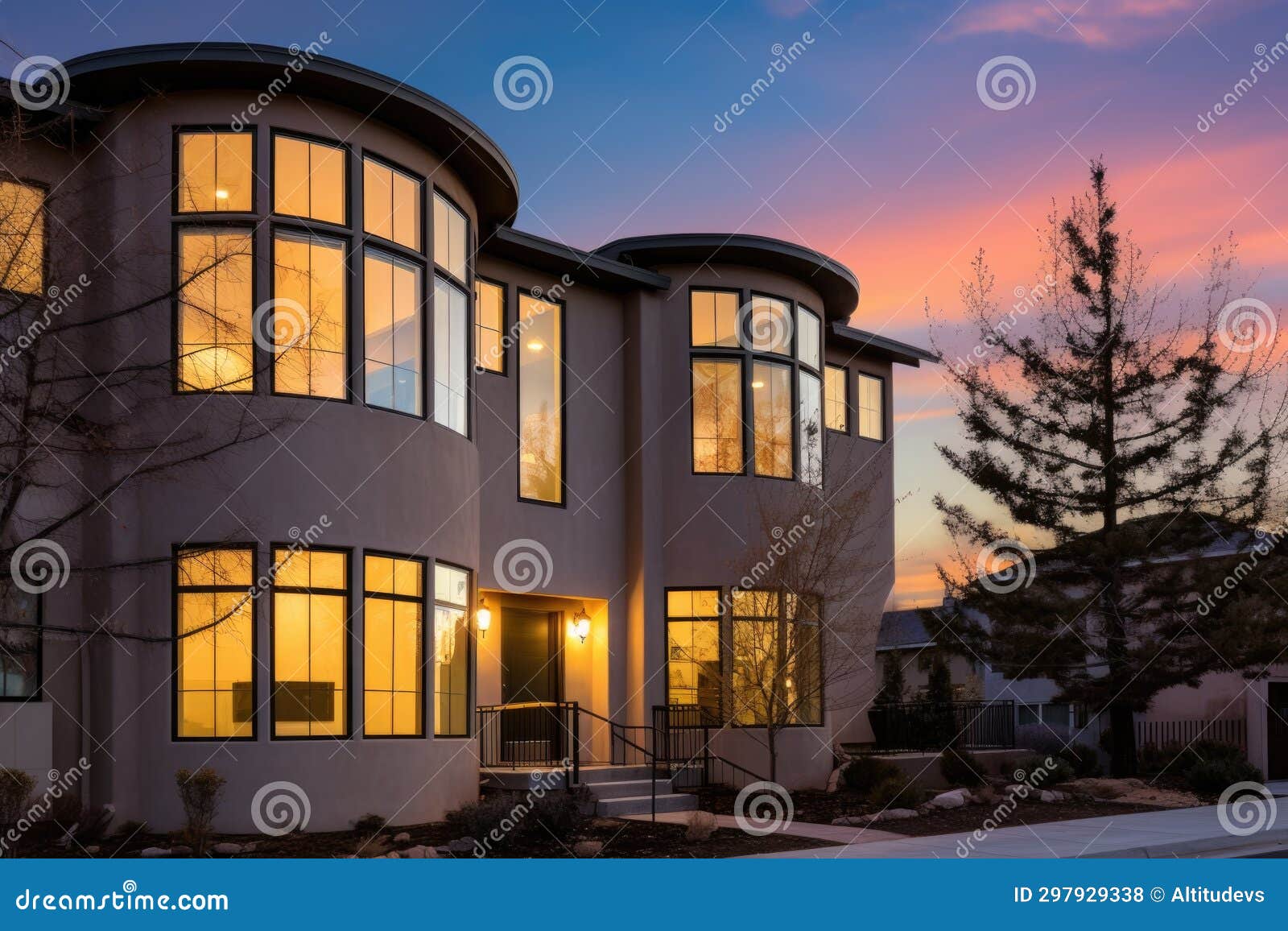 Townhouse with Tall, Rounded Windows during Sunset Stock Photo - Image ...