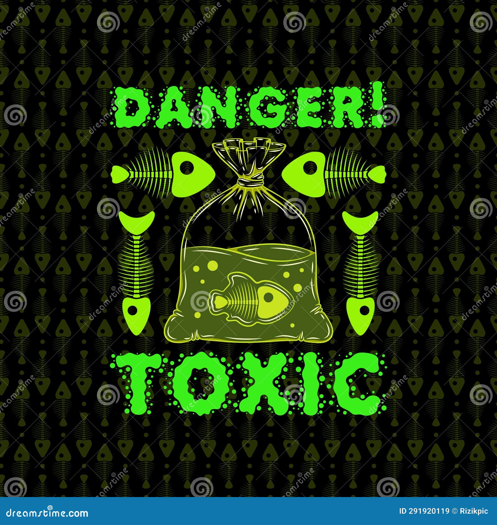 Toxic Fish in Bag, Skeleton, Warning Danger. Bright Vector Green ...