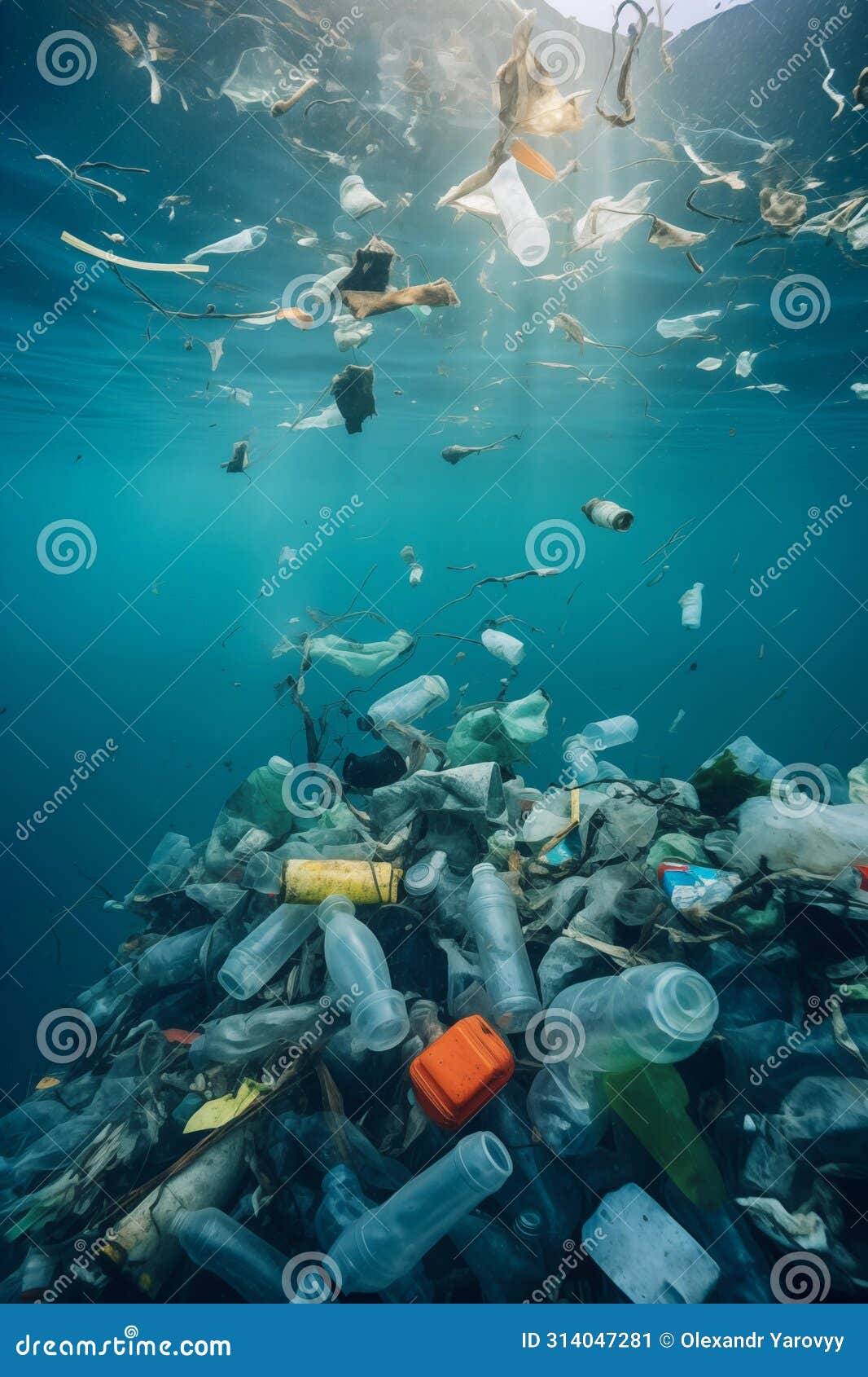Toxic Plastic Waste Floating Underwater In The Ocean. Water ...