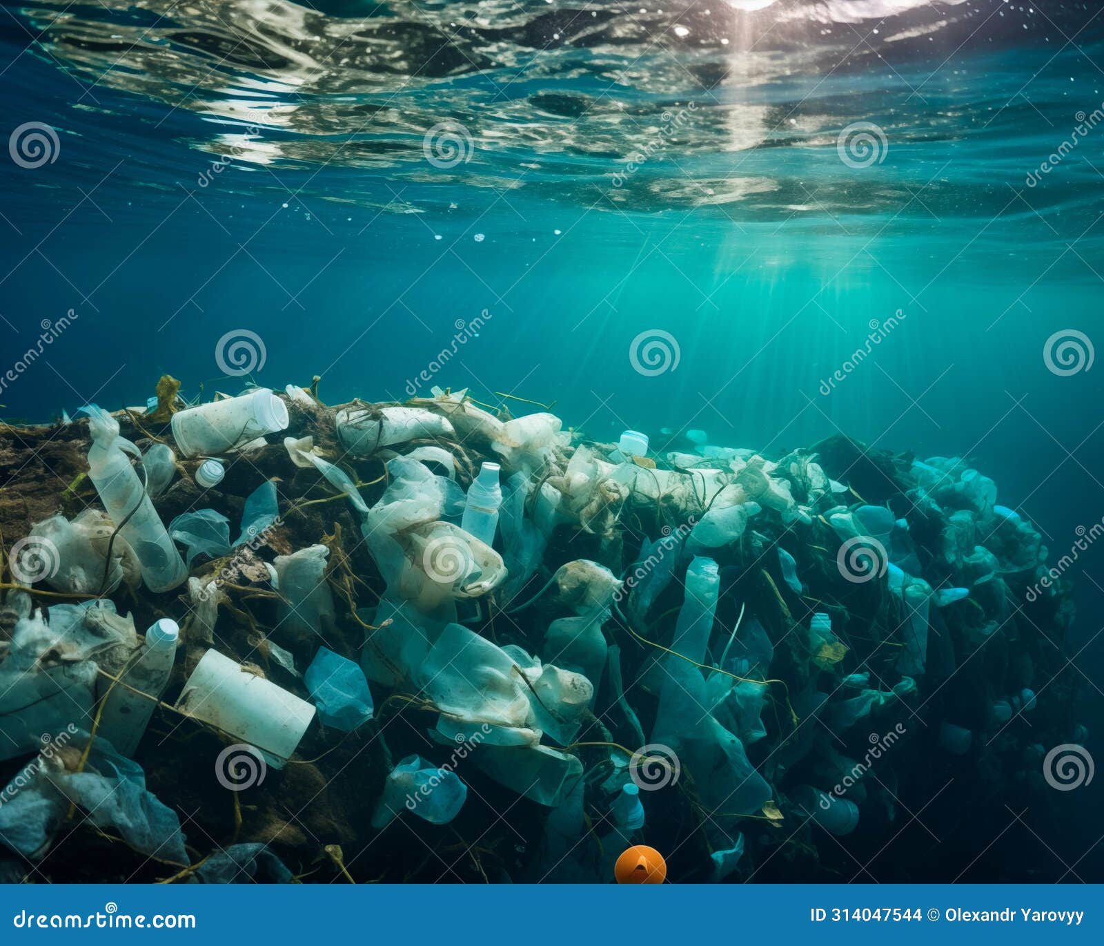 Toxic Plastic Waste Floating Underwater in the Ocean. Water ...