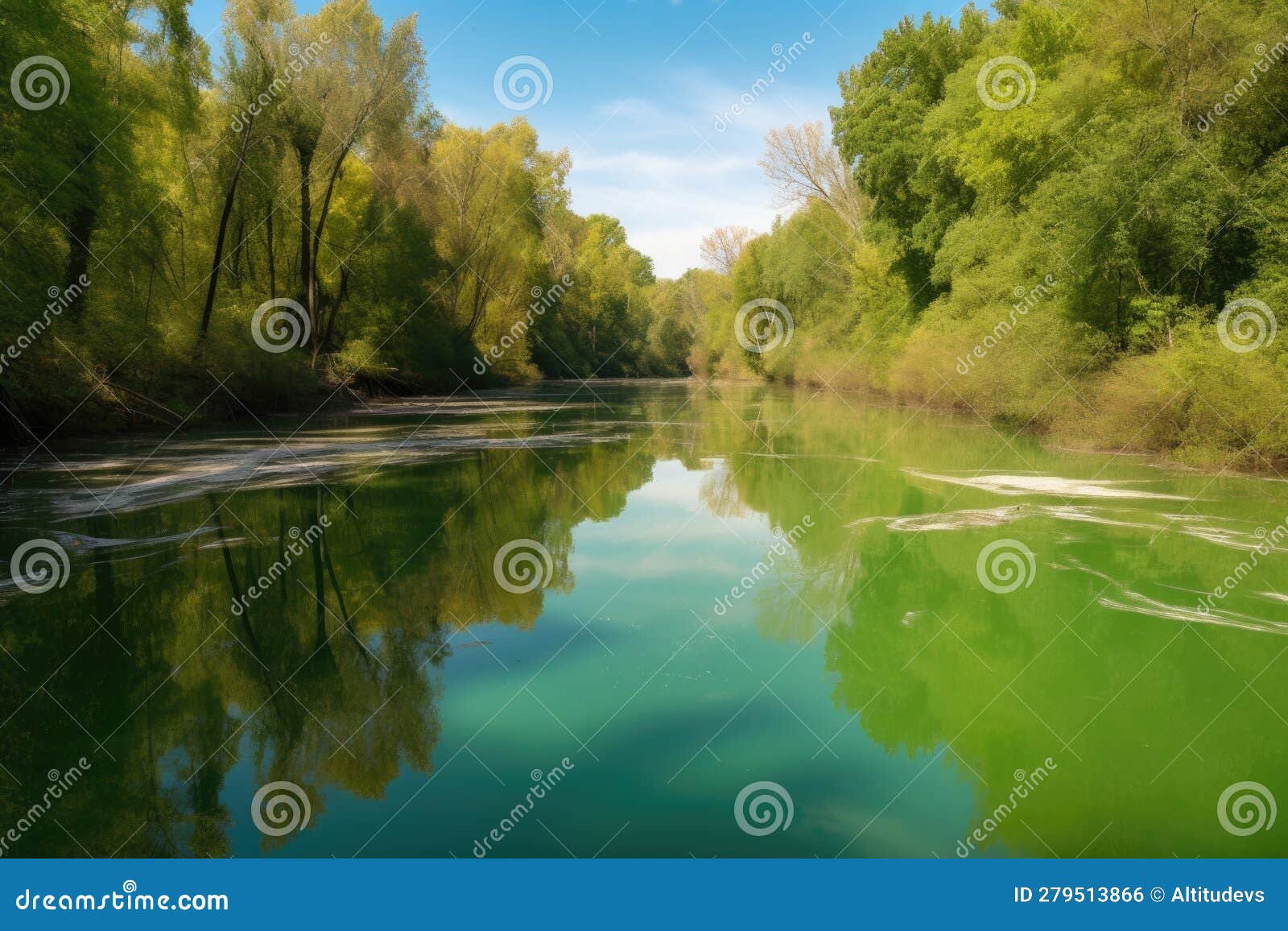 Toxic Spill Floating on a Tranquil River, with Blue Sky and Green Trees ...