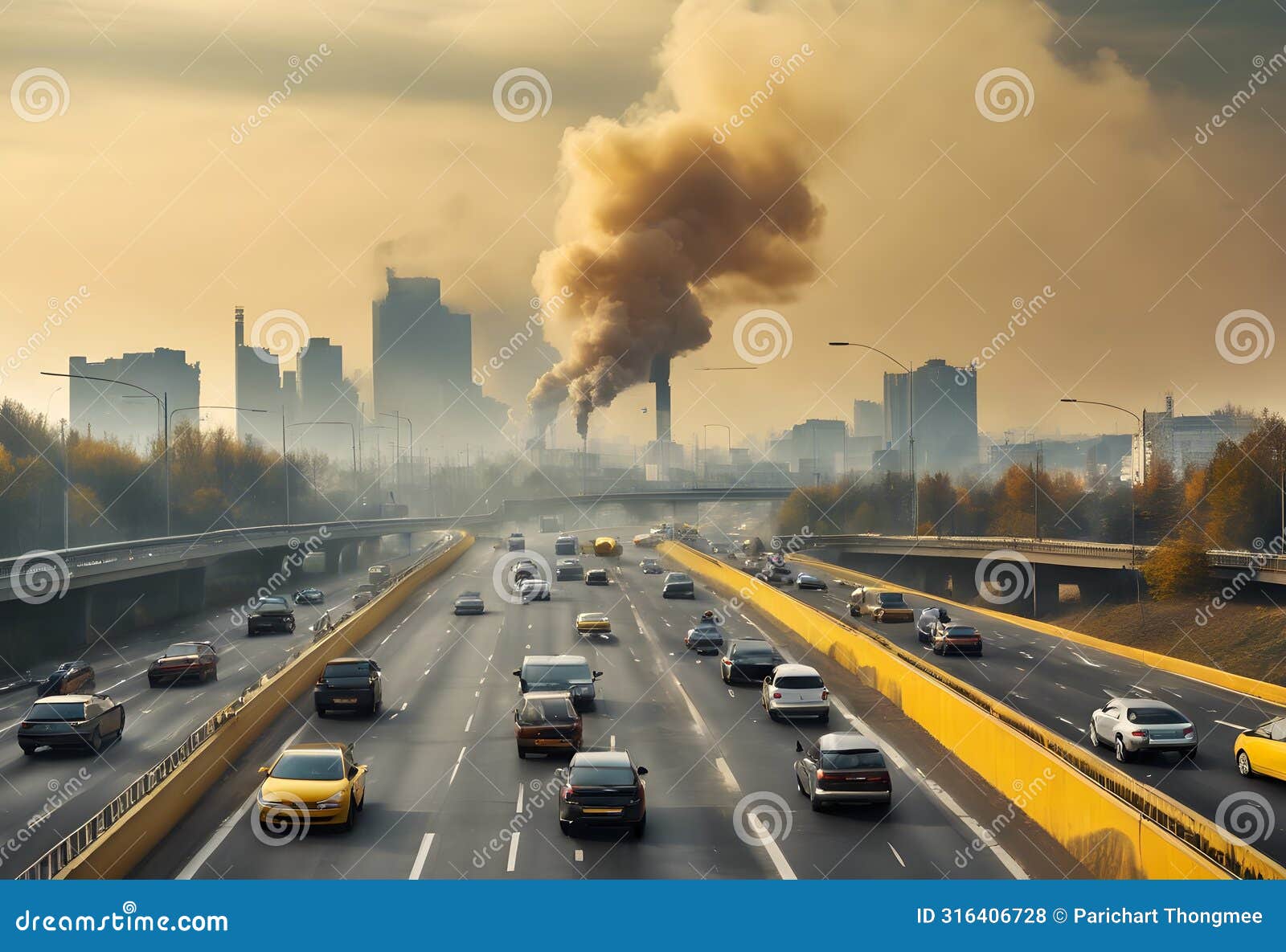 Toxic Trails: Cars and Pollution on the Highway Stock Illustration ...