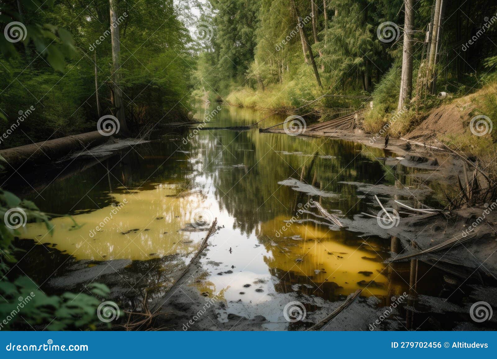 Toxic Waste Spill in a Natural Setting, with Dead Fish and Vegetation ...