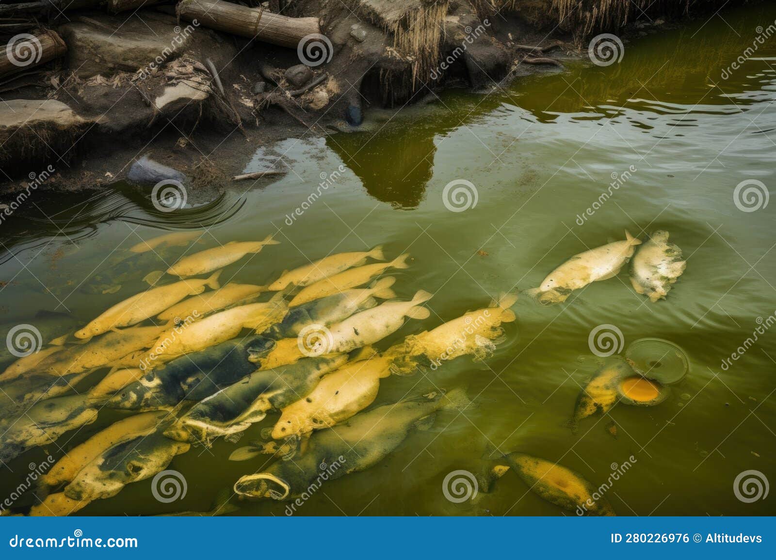 Toxic Waste Spill in River, with Dead Fish and Algae Visible Stock ...