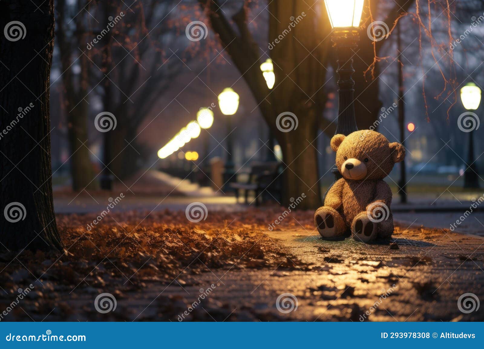 Toy Bear in Front of a Park Statue, Street Light Glow Stock ...