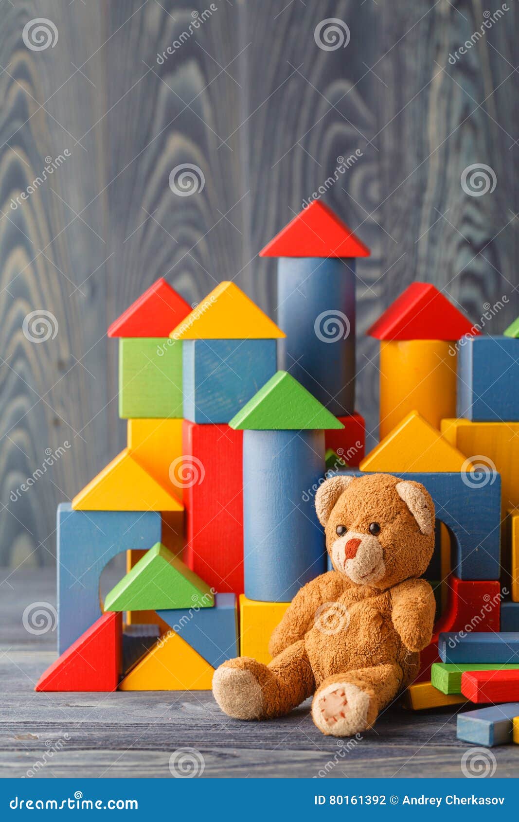 Toy Bear and Pile Wooden Building Blocks Stock Photo - Image of ariel ...