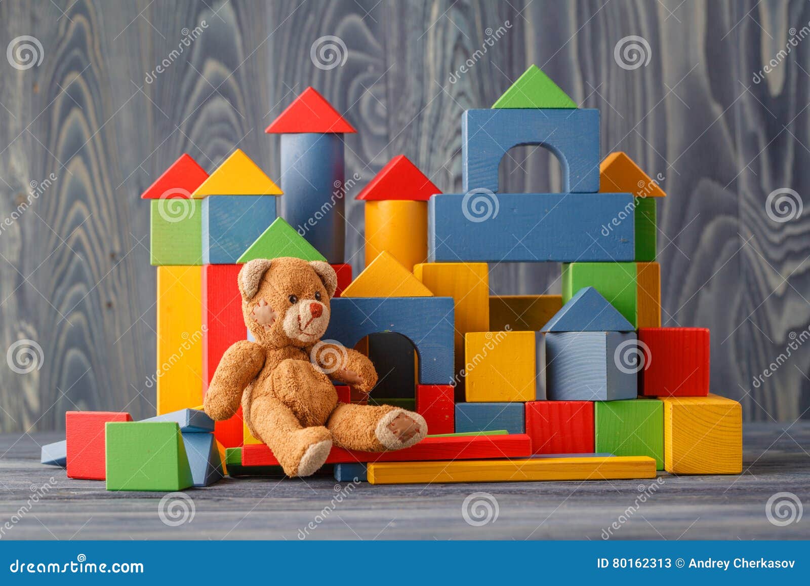 Toy Bear and Pile Wooden Building Blocks Stock Image - Image of brown ...