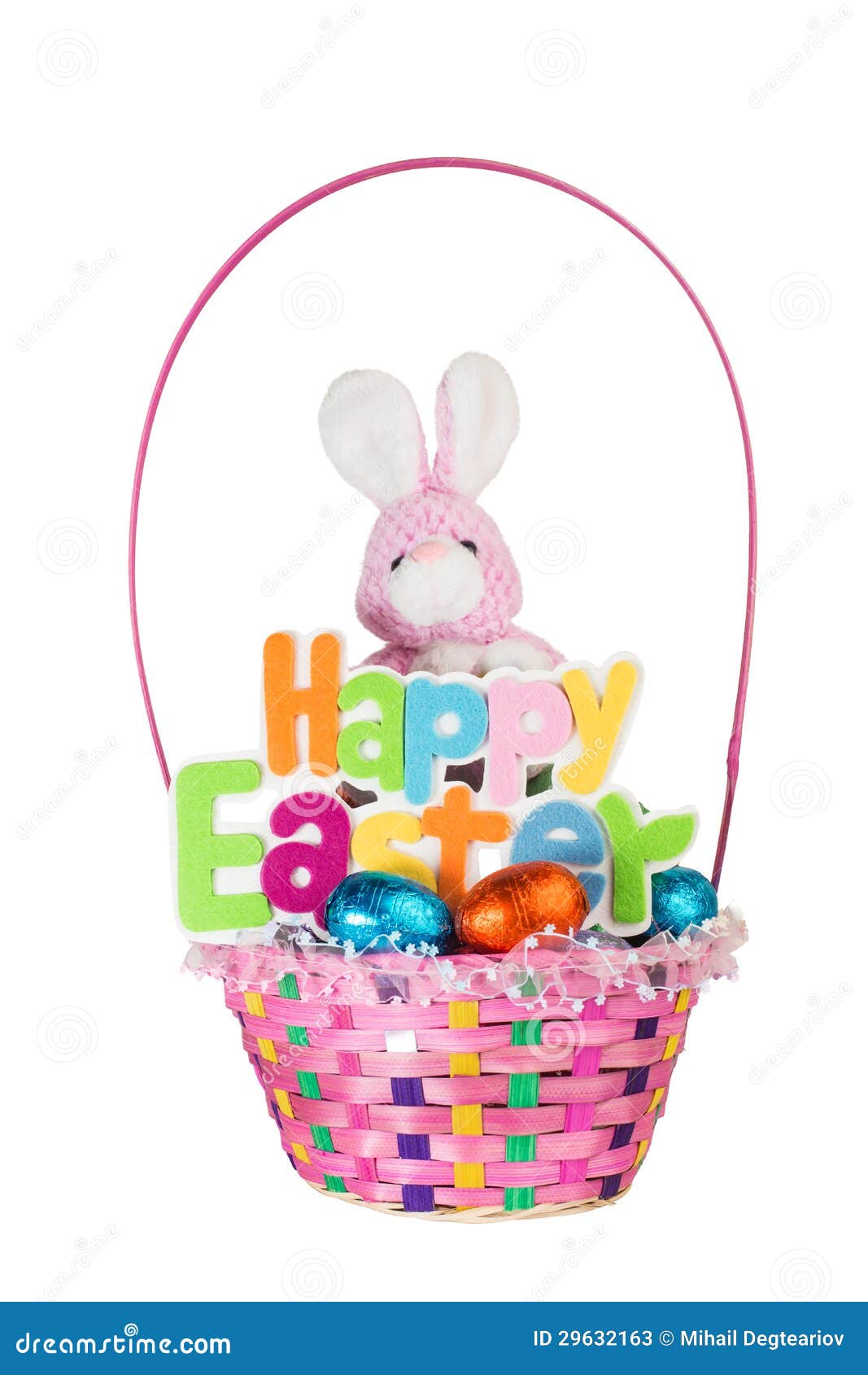 Toy Bunny and Colorful Basket Full of Chocolate Easter Eggs Stock Image ...