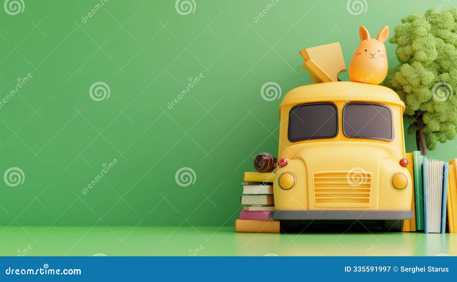 A Toy Bus with Rabbit and Tree on Top of Books, AI Stock Image - Image ...