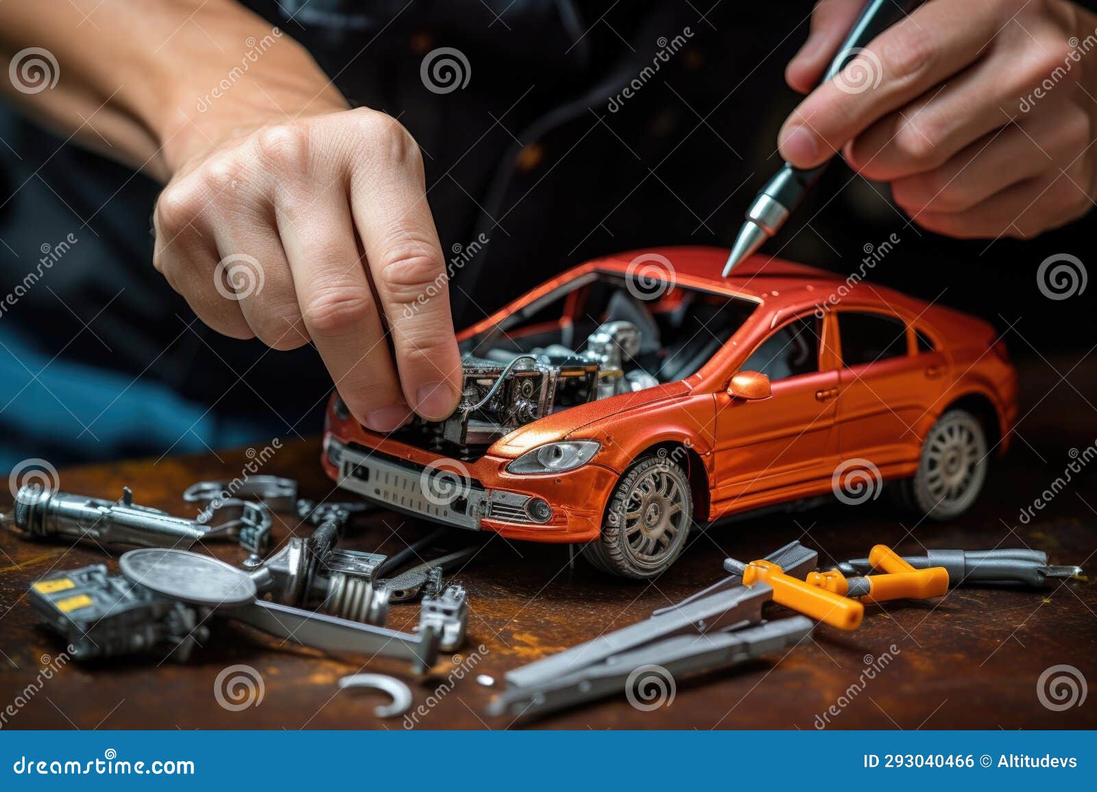 A Toy Car Being Fixed with Miniature Tools Stock Illustration ...