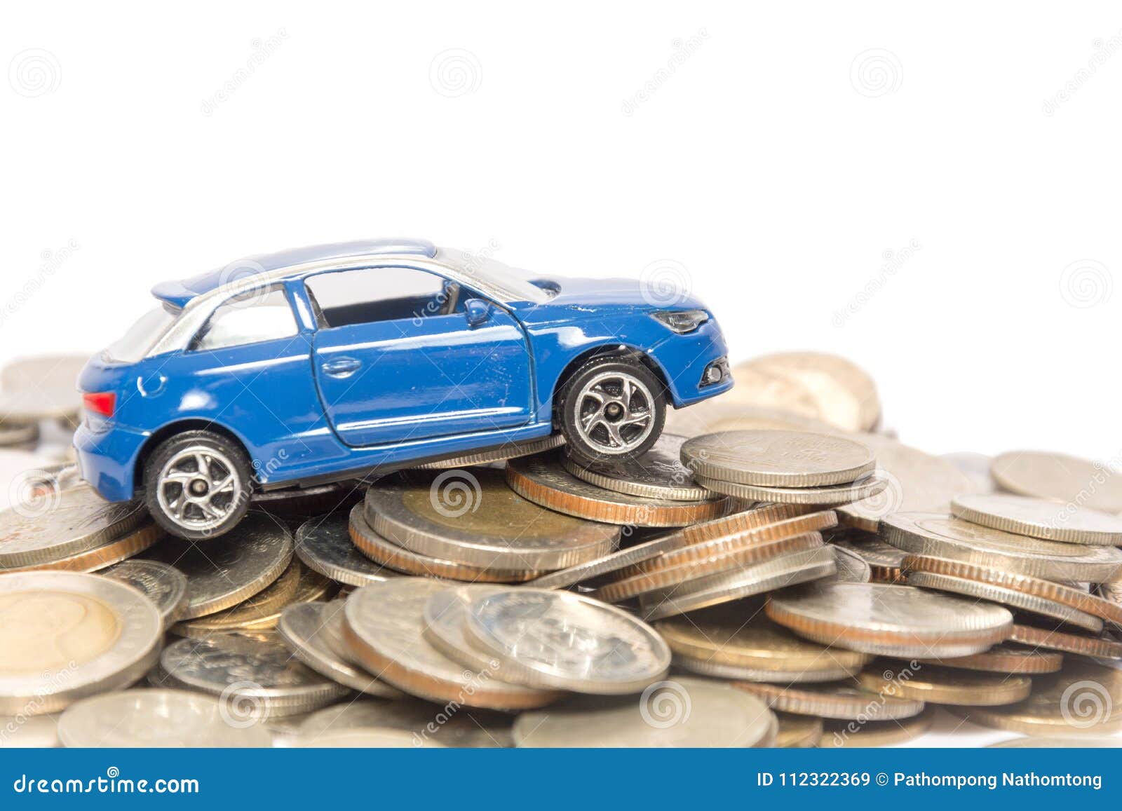 Toy Car and Stack of Coin Isolated on White Stock Image - Image of ...