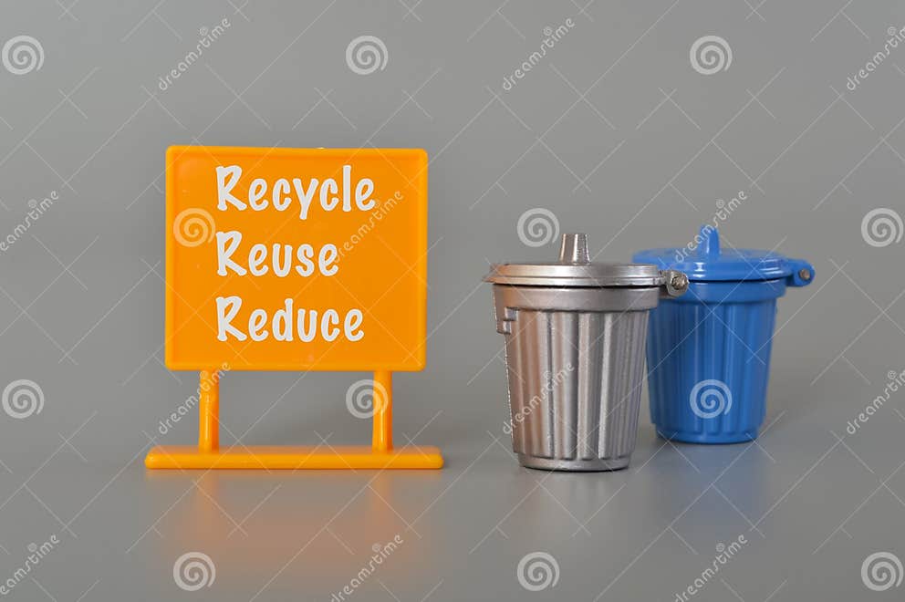 Toy Dustbin and Plastic Board with Text RECYCLE, REUSE and REDUCE Stock ...