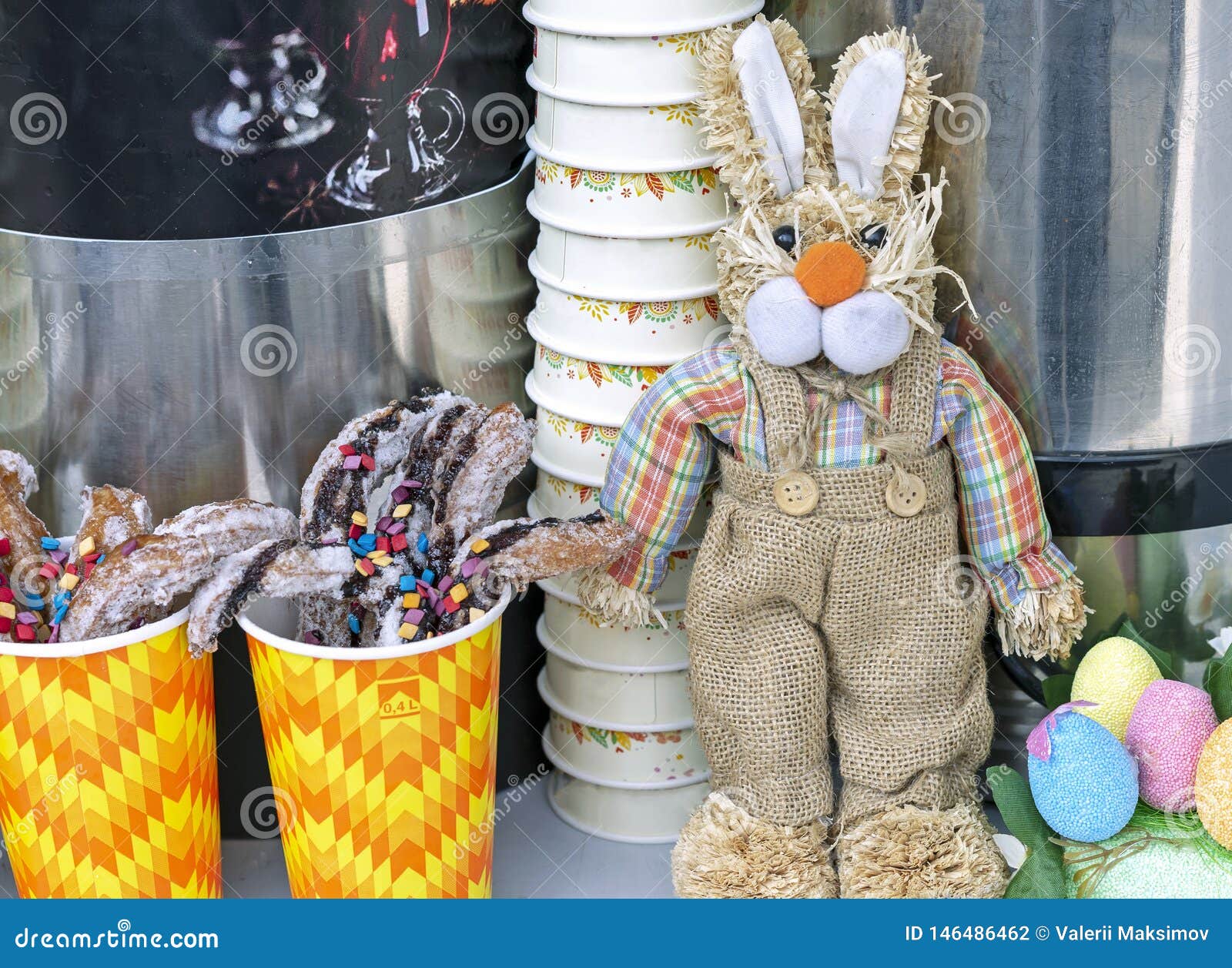 Toy Easter Bunny and Sweets on the Counter of a Street Cafe Stock Photo ...