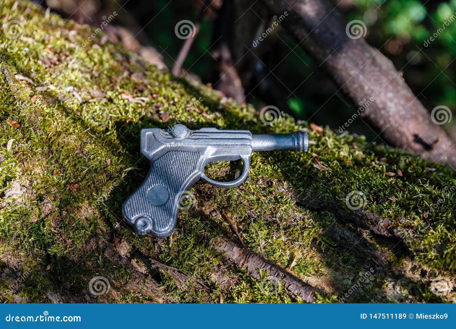 Toy Gun Made of Lead Lies on an Old Tree with Moss Stock Image - Image ...