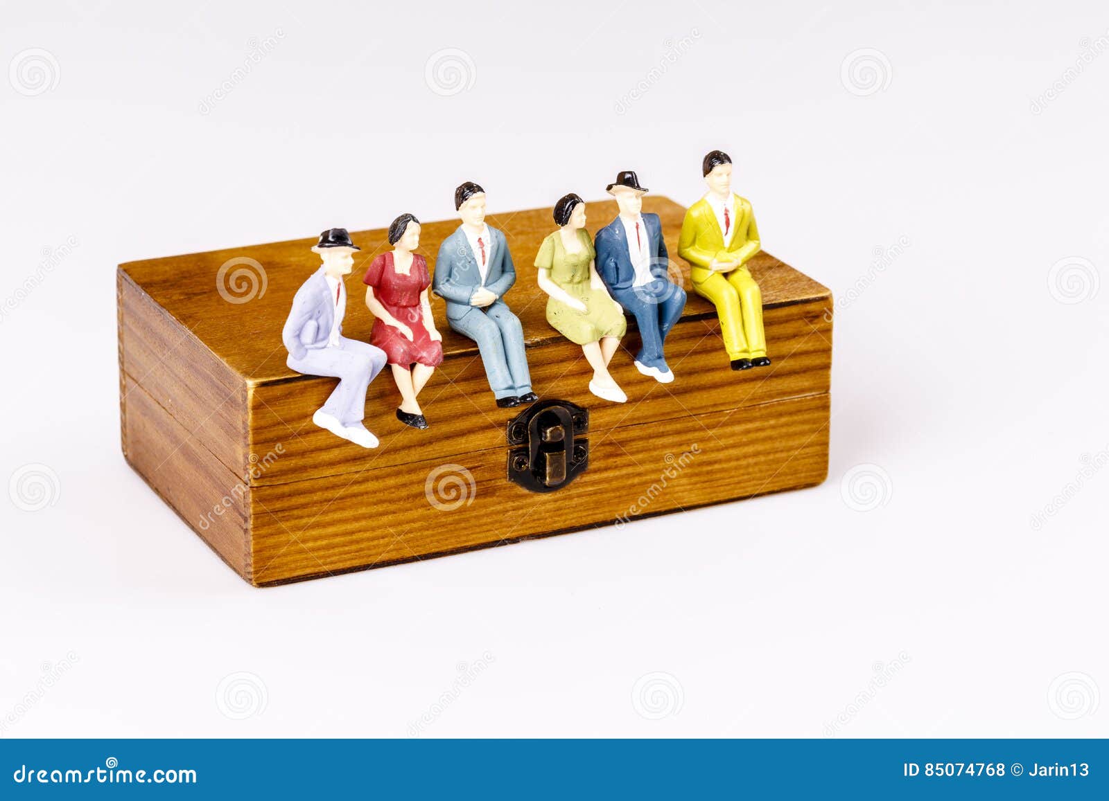 Toy Models of People Sitting on the Wooden Box Stock Photo - Image of ...