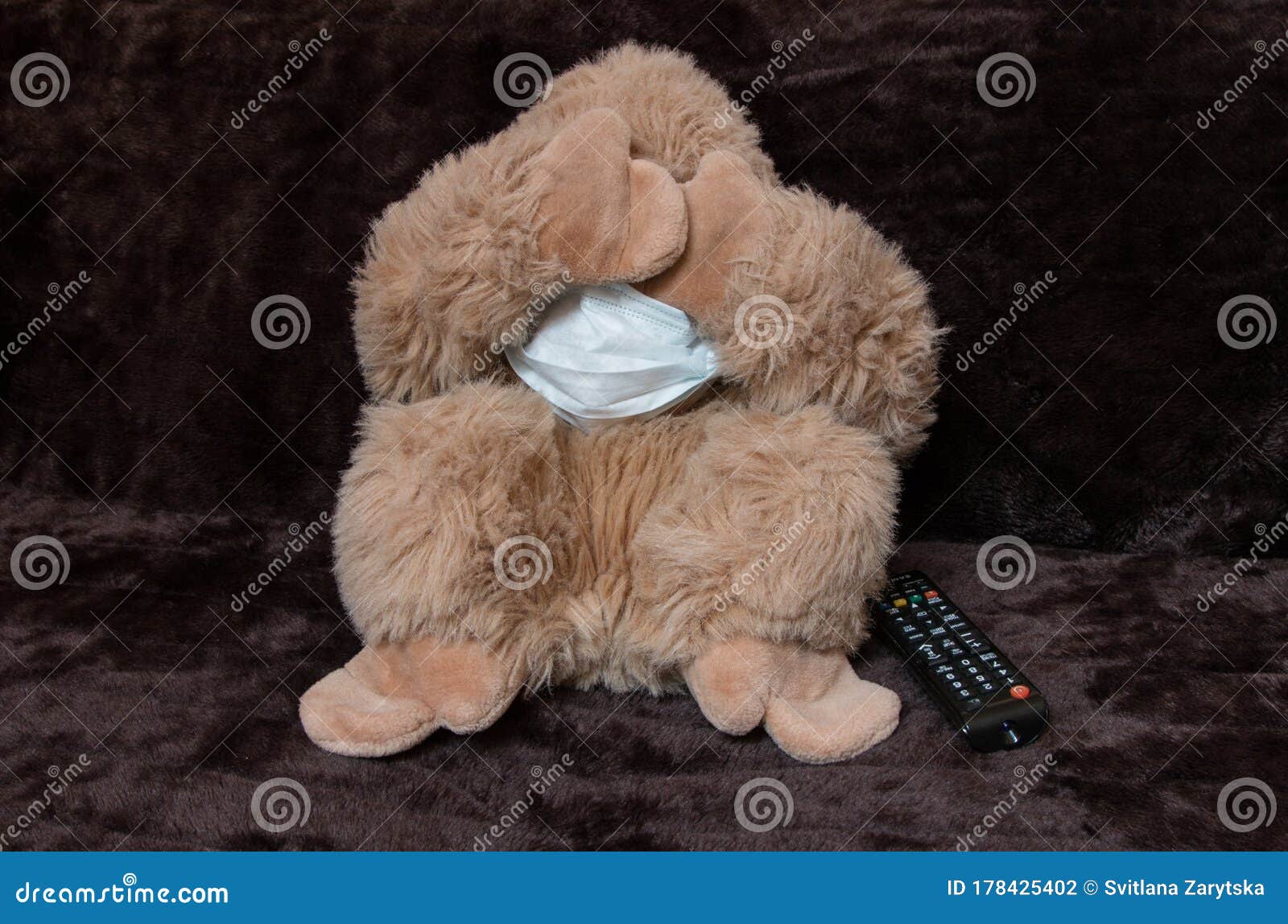 Toy Monkey in a Medical Mask with TV Remote Control Stock Photo - Image ...