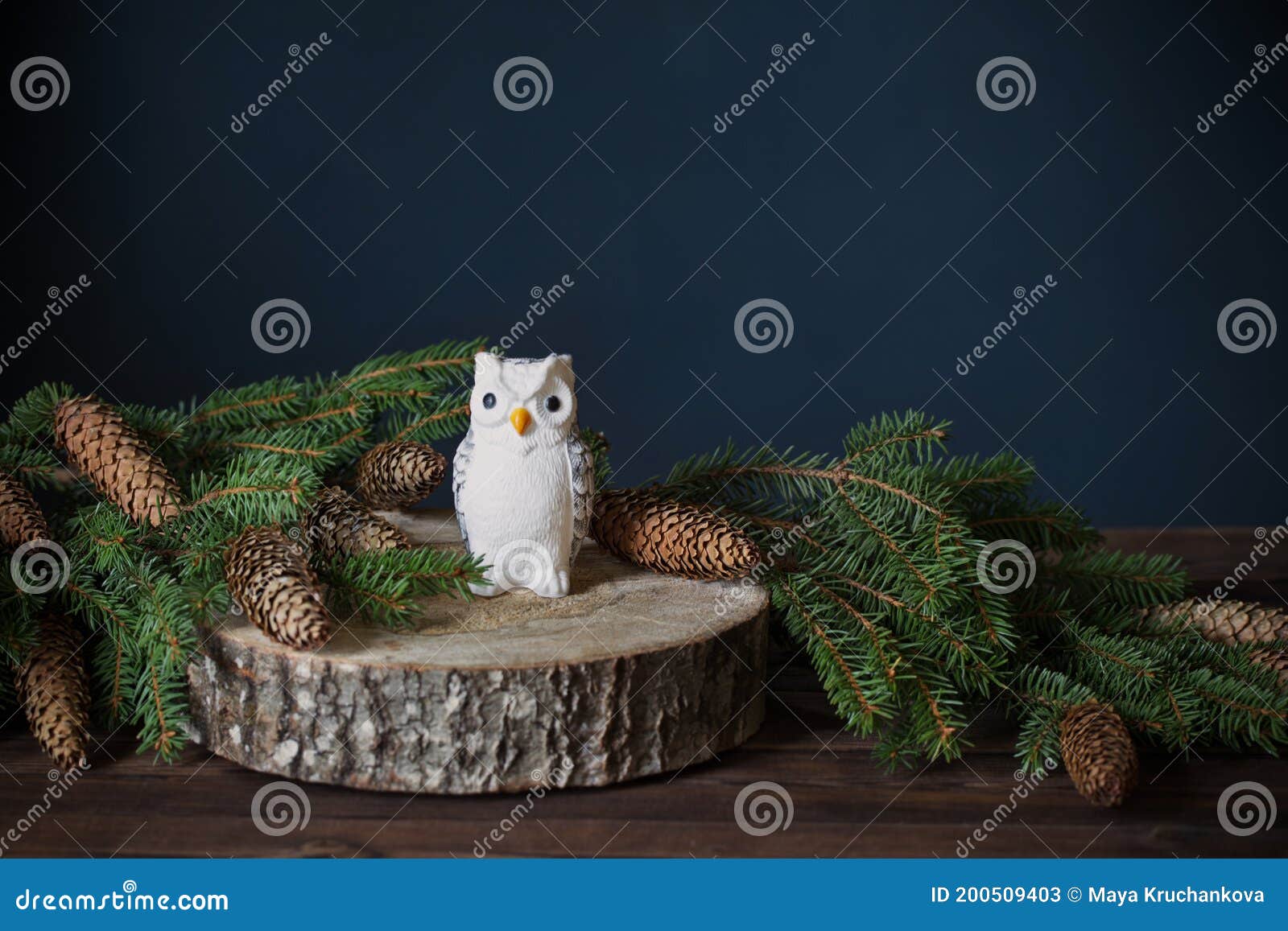 Toy Owl on Tree Cut with Fir Branches Stock Image - Image of table ...