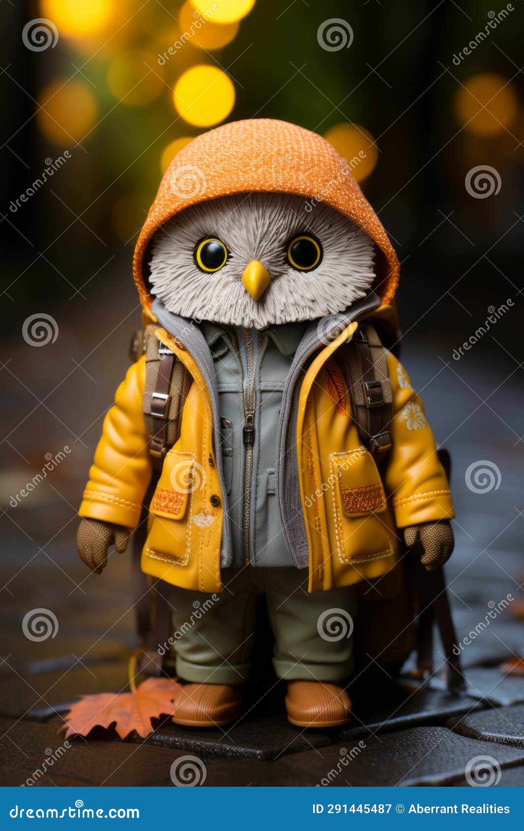 A Toy Owl Wearing a Yellow Jacket and Backpack Stock Illustration ...