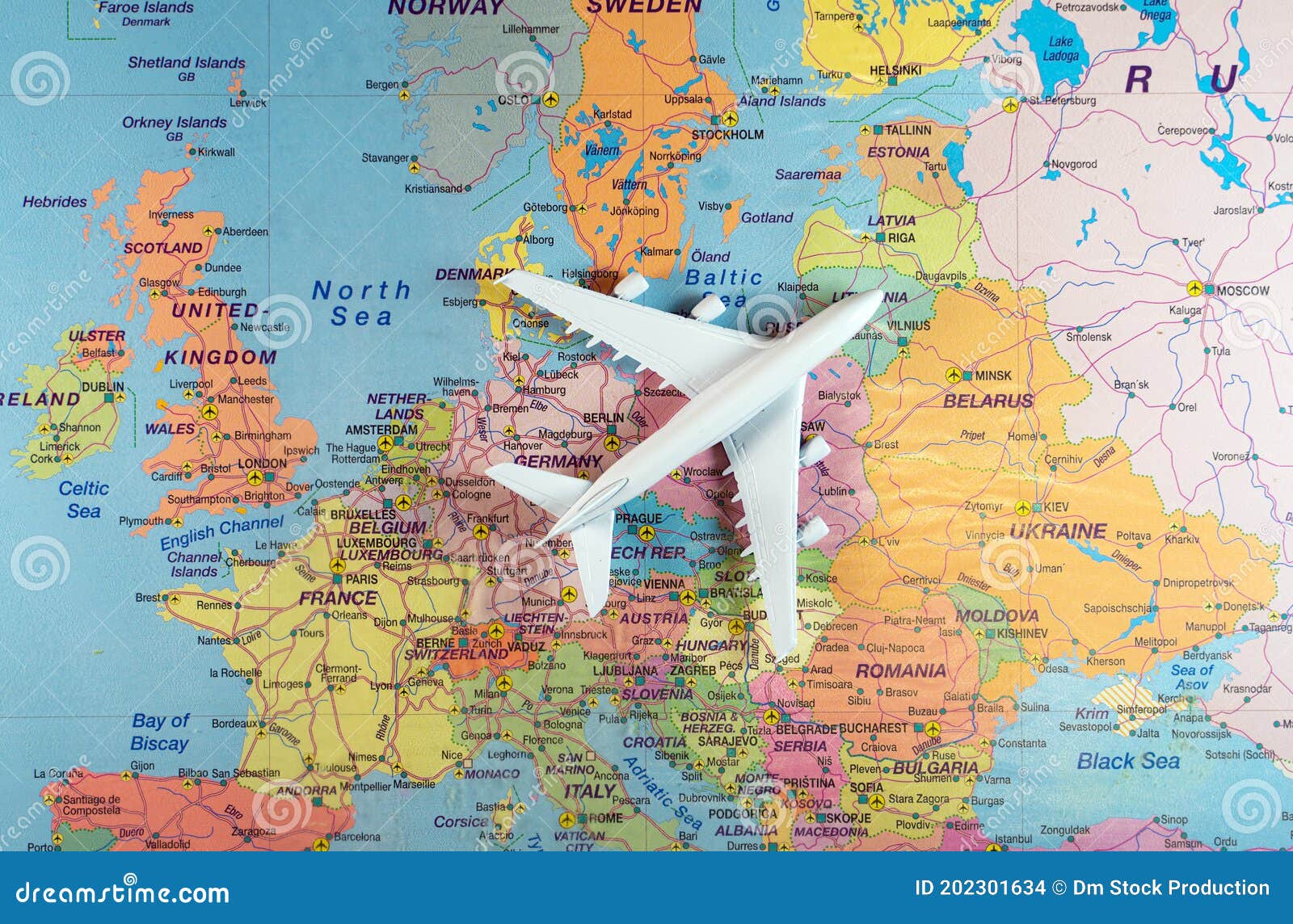 Plane on the Europe map stock photo. Image of airplane - 202301634