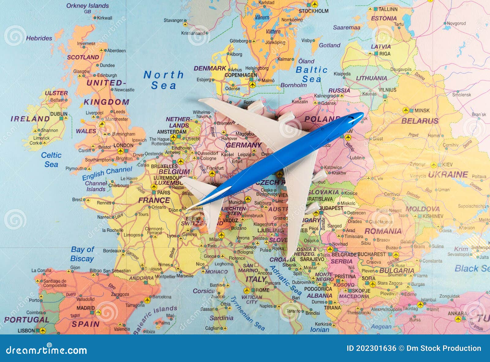 Plane on the Europe map stock photo. Image of symbol - 202301636