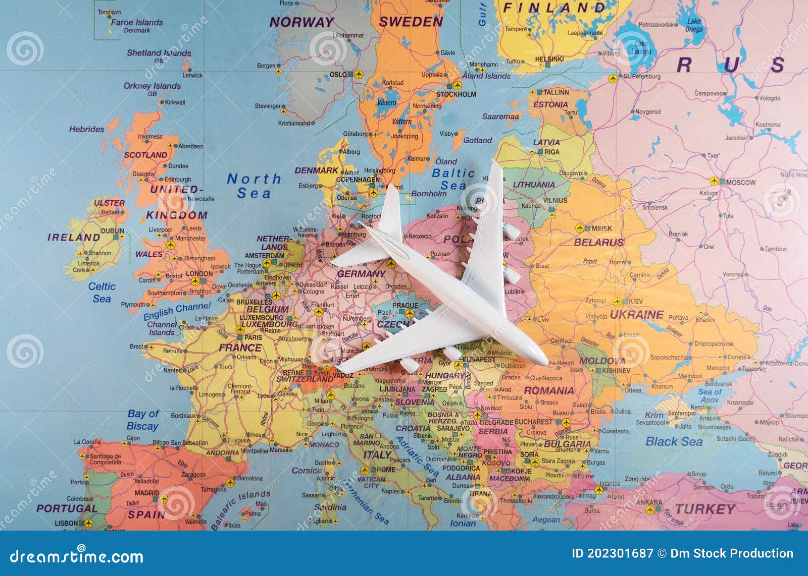 Plane on the Europe map stock image. Image of flights - 202301687