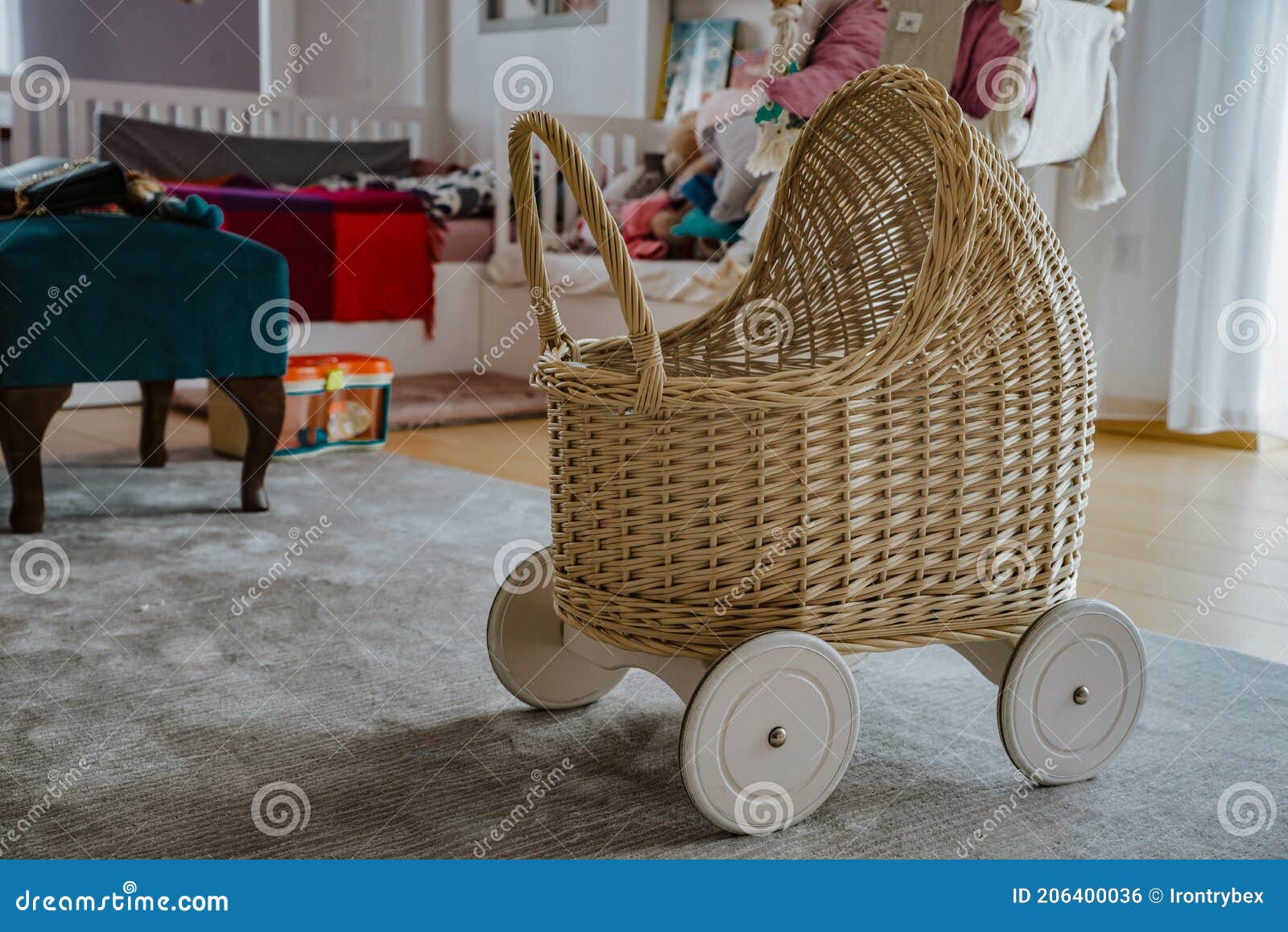Toy pram in a child`s room stock photo. Image of nursery - 206400036