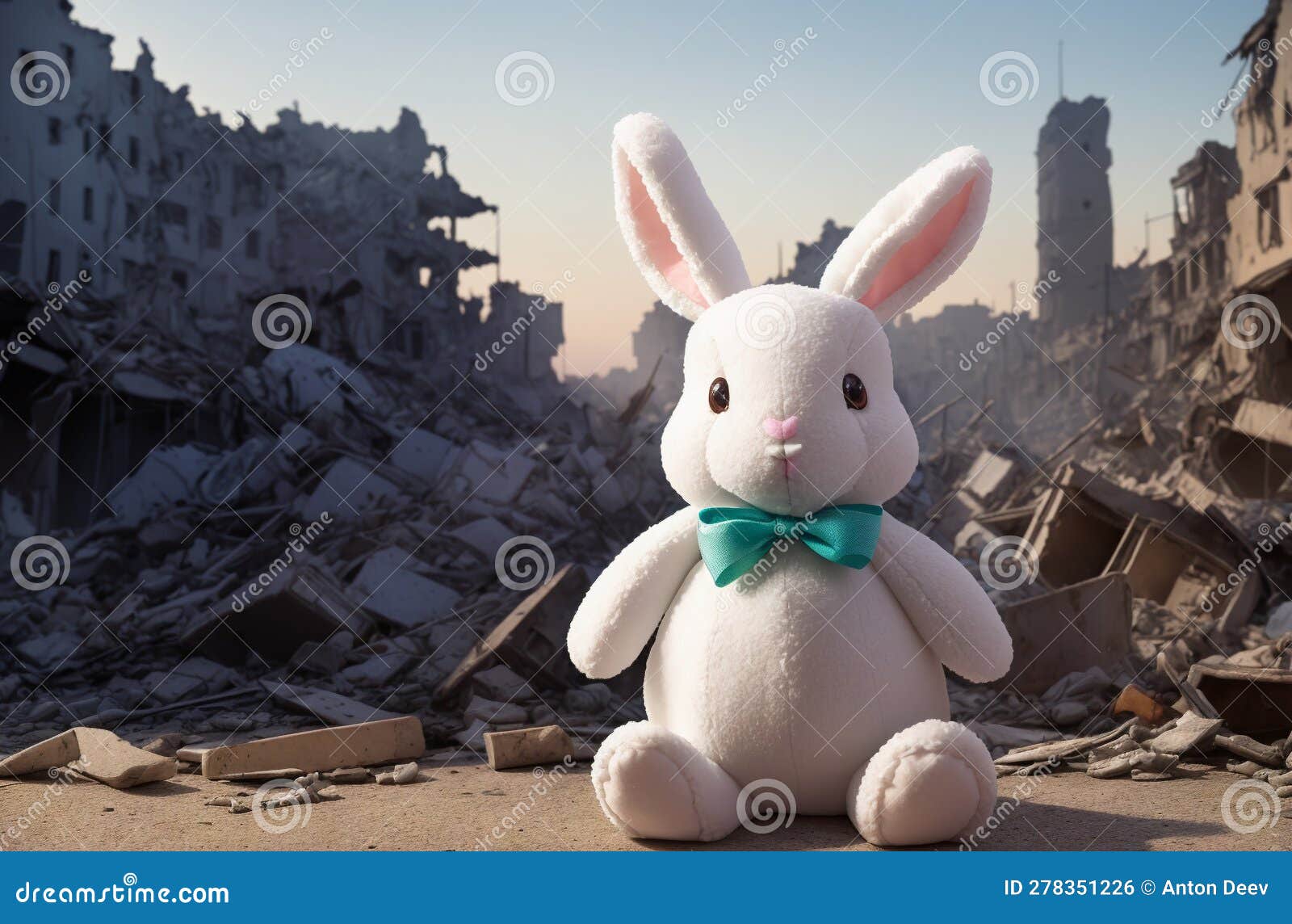 A Toy Rabbit on the Background of the Ruins of a Building after the War ...