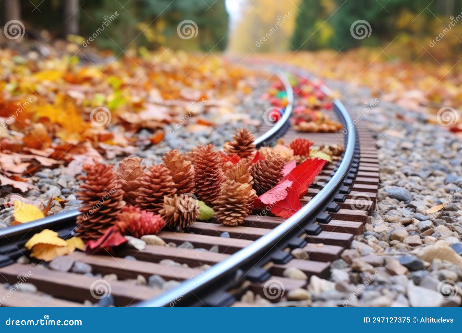 Toy Railway on a Track Covered with Scattered Pine Cones Stock Image ...
