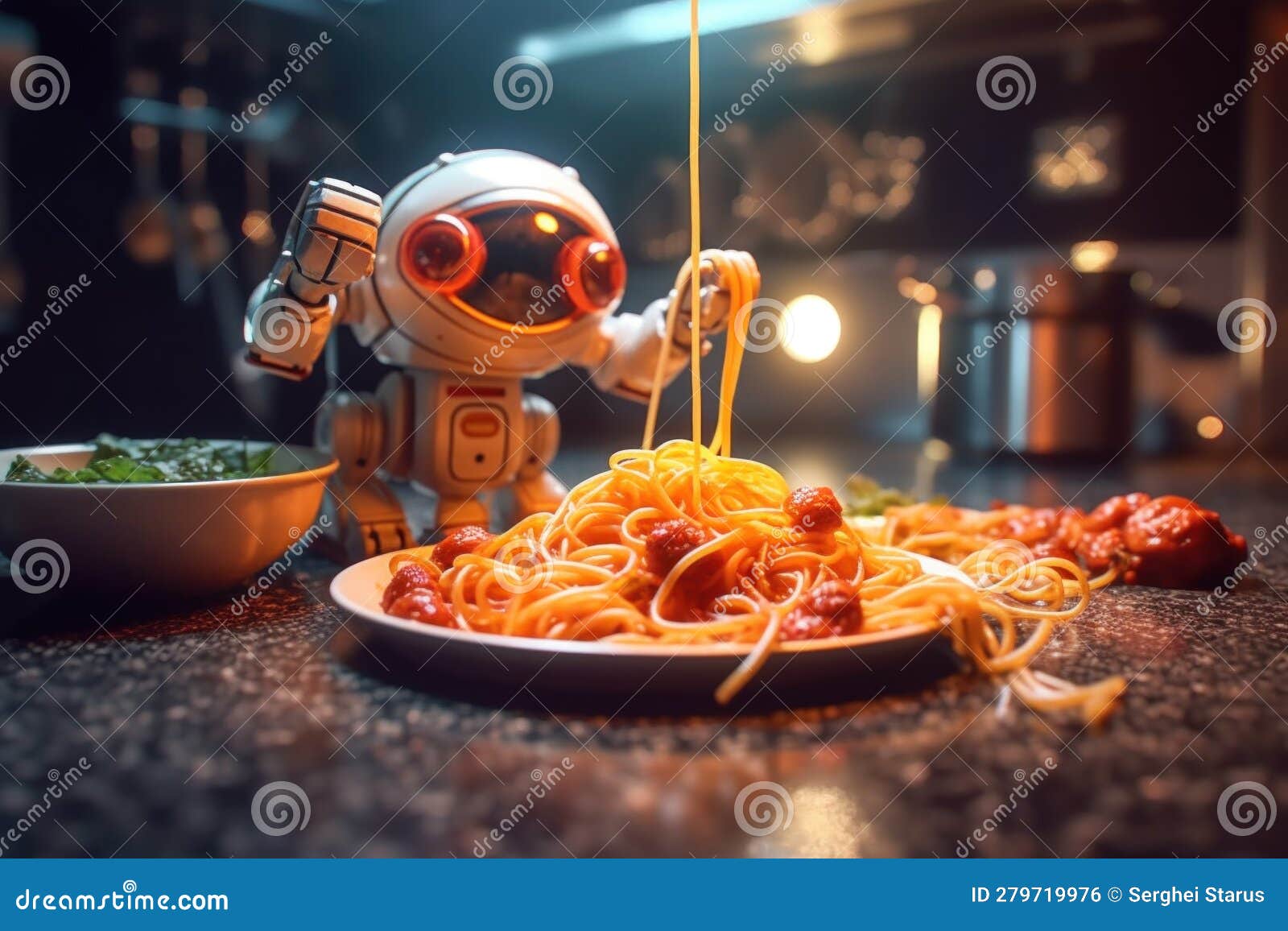 A Toy Robot is Holding a Fork Over a Plate of Spaghetti. Generative AI ...