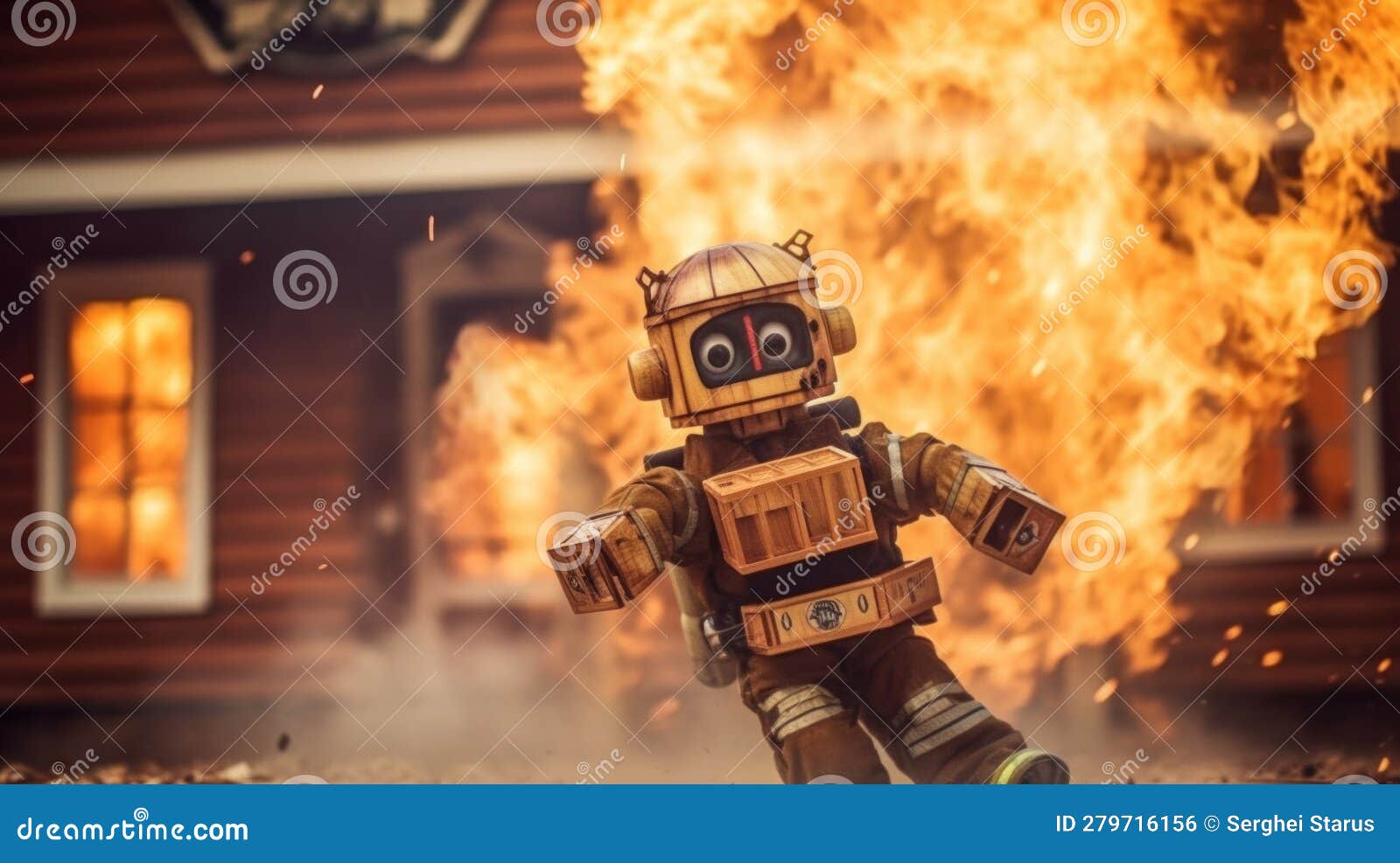 A Toy Robot Running in Front of a Fire. Generative AI Image. Stock ...