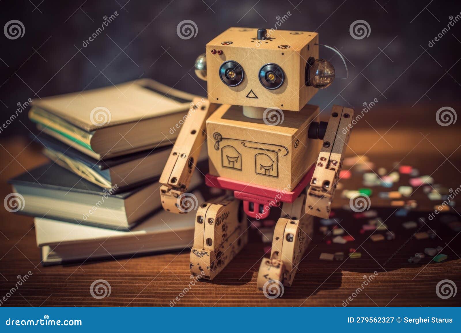 A Toy Robot Sitting Next To a Stack of Books. Generative AI Image ...