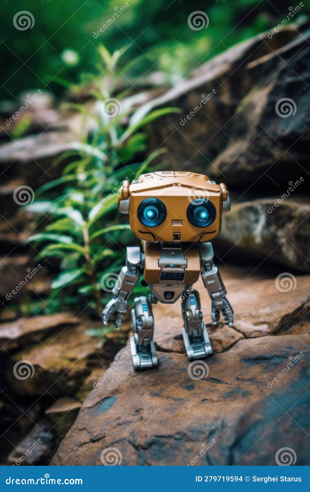 A Toy Robot Sitting on Top of a Rock. Generative AI Image. Stock ...